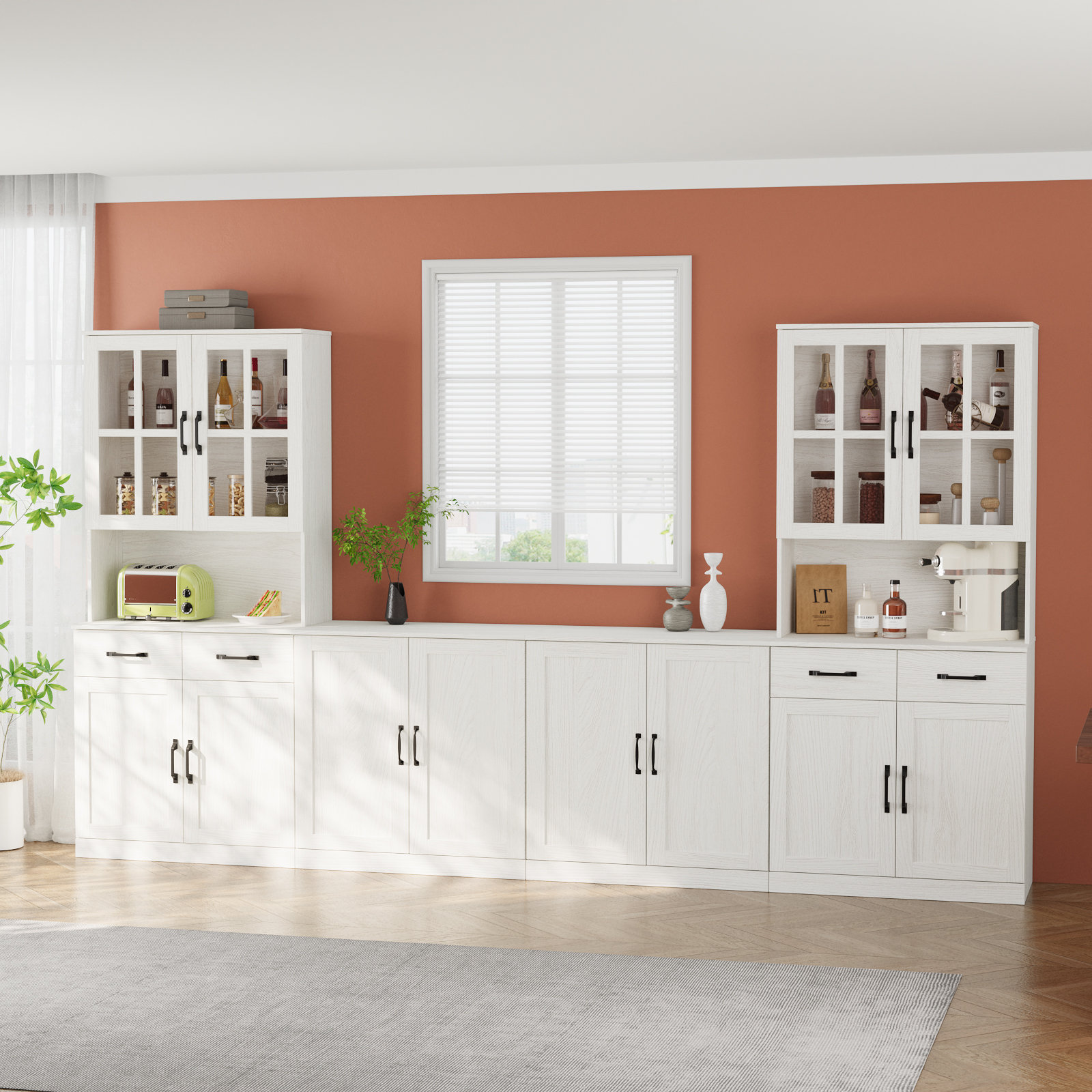 Latitude Run® 126''W Kitchen Pantry With Bookcases, Farmhouse Wall Unit ...