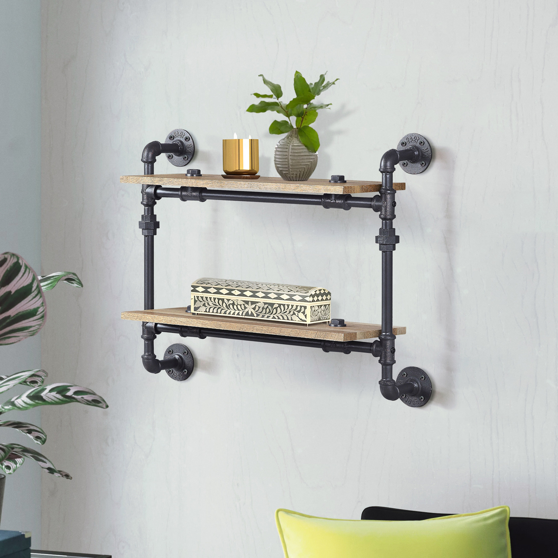 Williston Forge Oak and Sandy Black Rectangle 2-Tier Wall Shelf | Wayfair