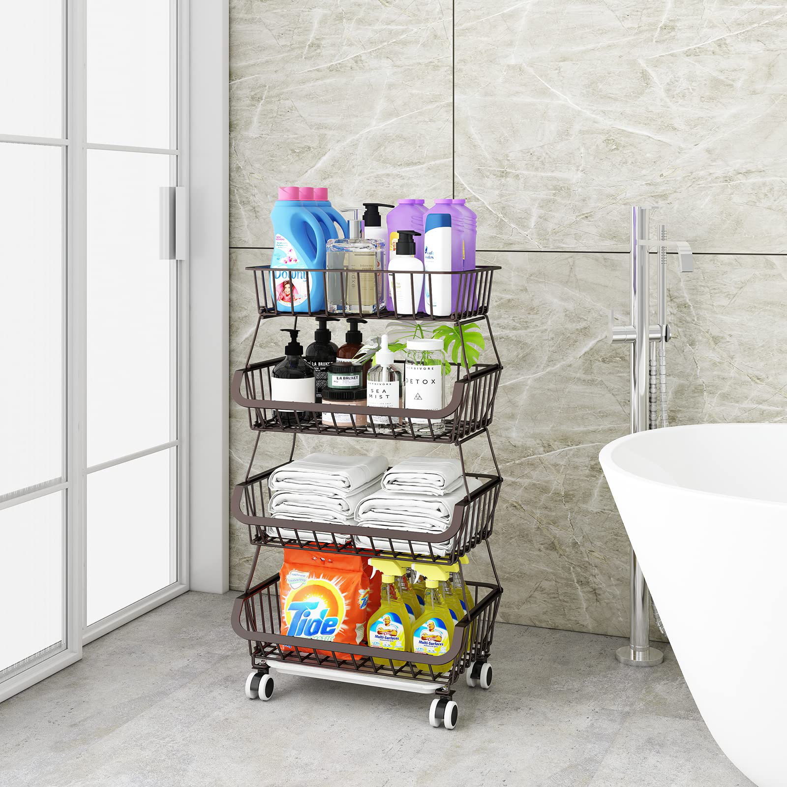 Ebern Designs 4-Tier Stackable Metal Wire Storage Basket with Wheels ...