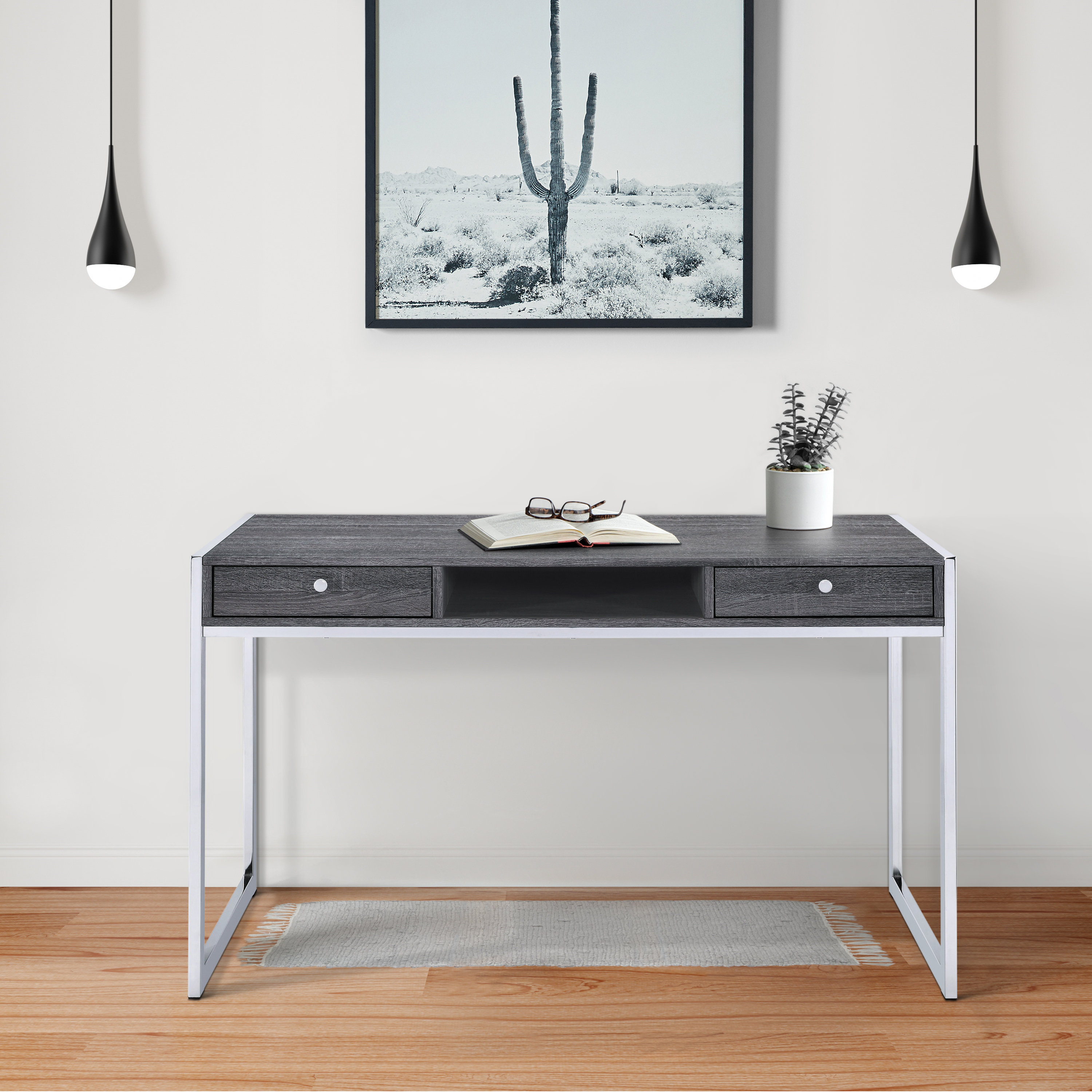 Orren Ellis Wandrille Weathered Gray And Chrome Writing Desk | Wayfair