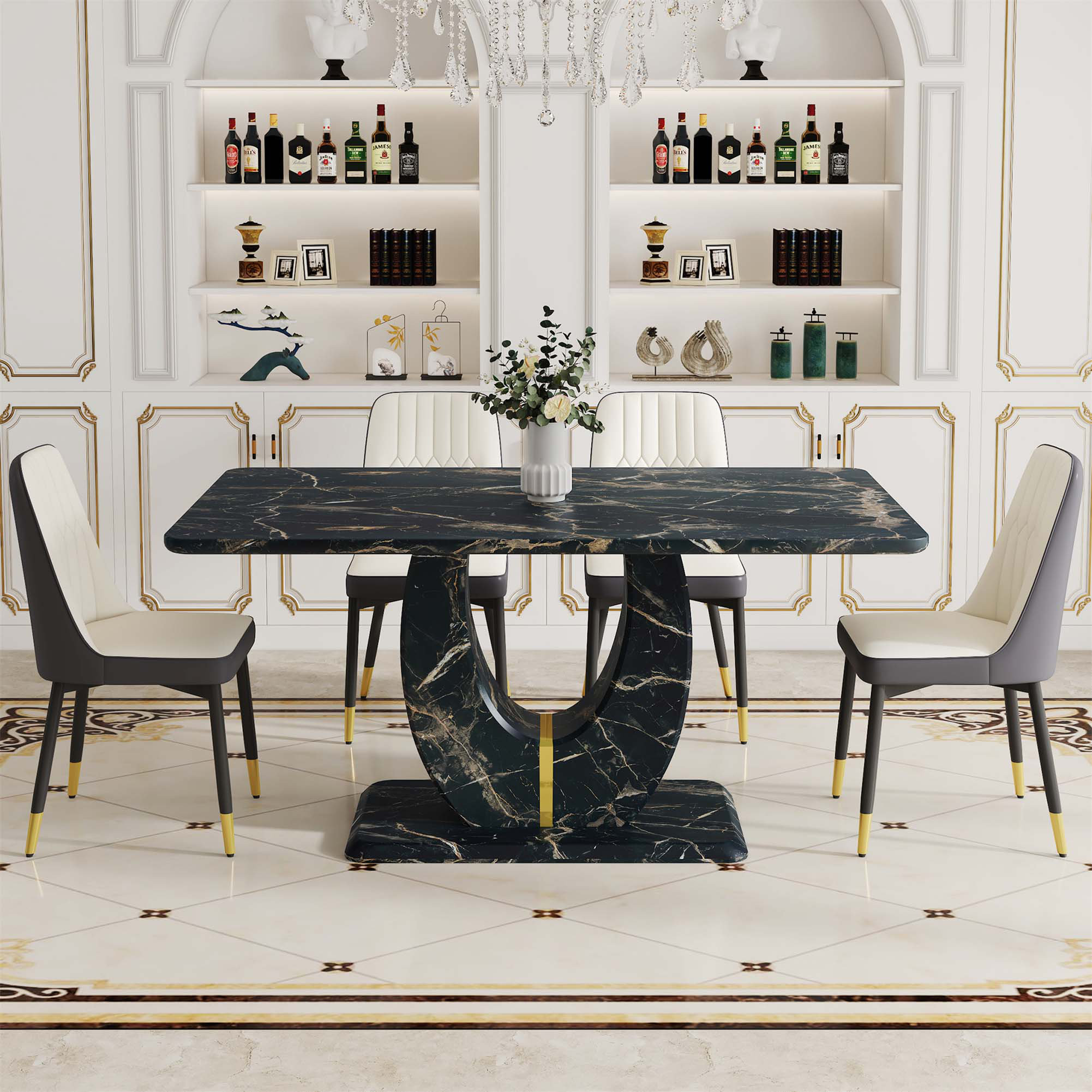 Everly Quinn Table And Chair Set,Marble Pattern MDF Dining Table Set ...