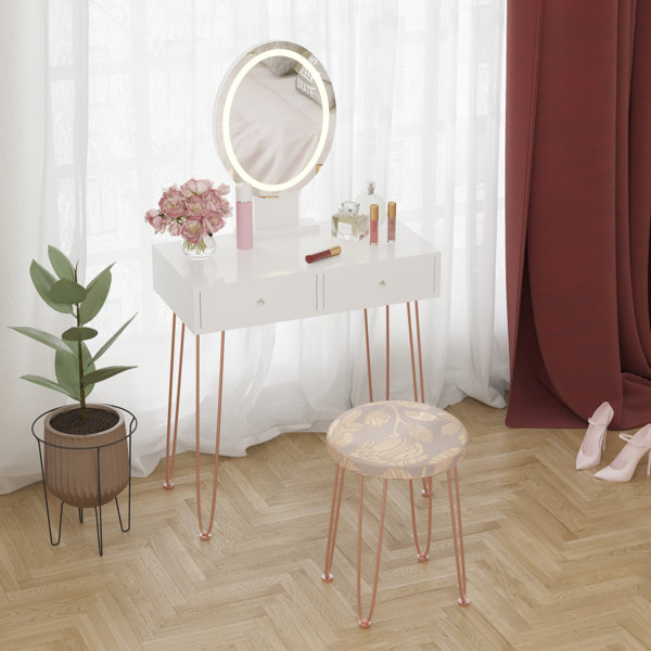 Mercer41 Damitris White Makeup Vanity Set with Yellow Stool Oval ...