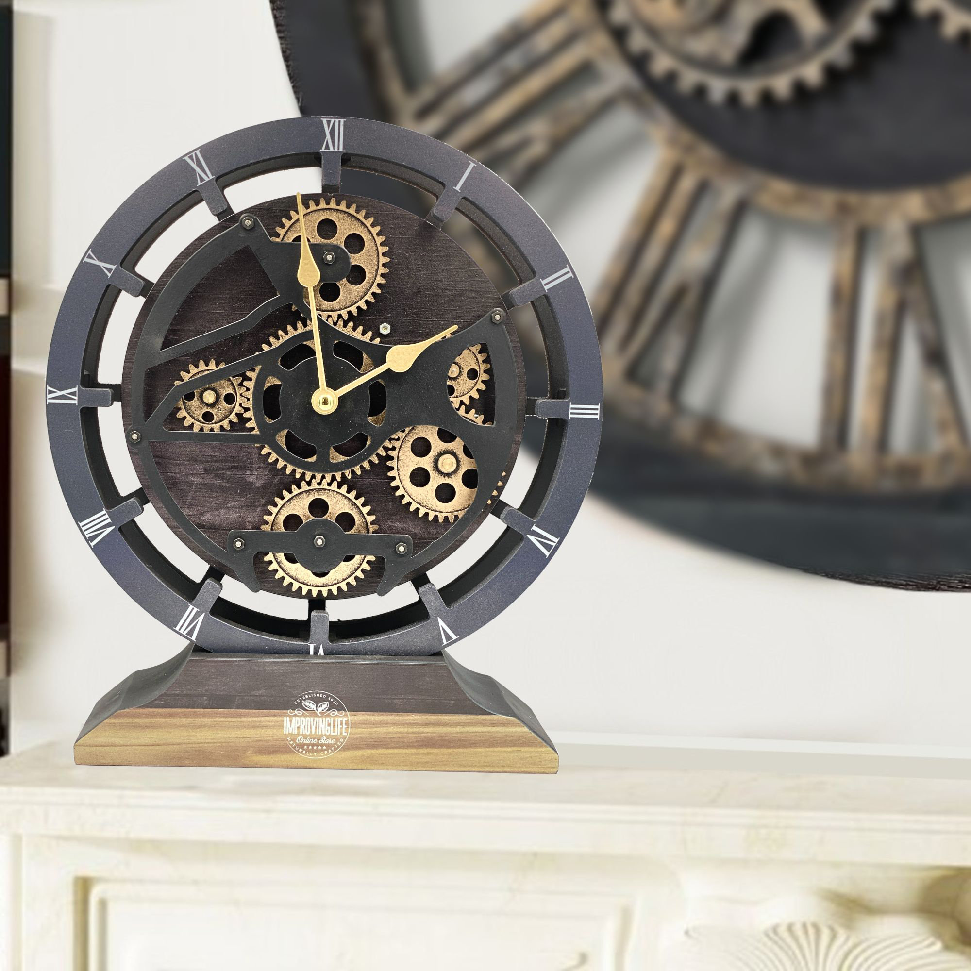 The Gears Clock Desk wooden Clock Round 10 inches with Real Moving ...