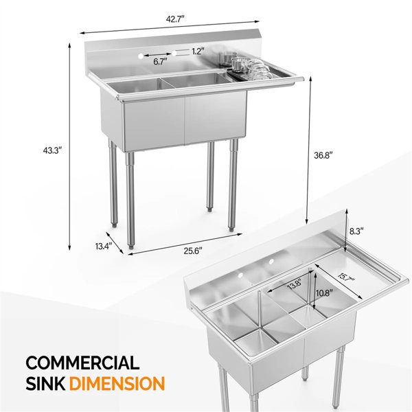 Winado 2 Compartment 304 Stainless Steel Sink With Right Side ...