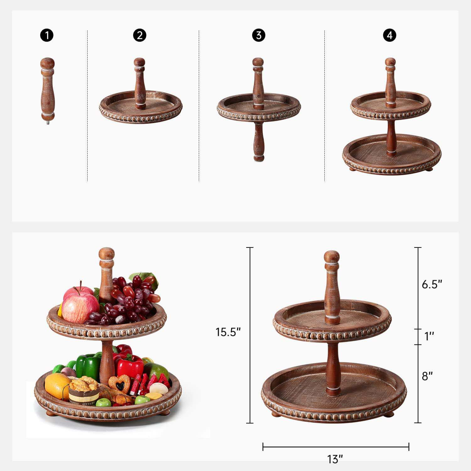 One Allium Way 2 Tiered Tray, Wooden Beaded Tier Trays Stand For ...