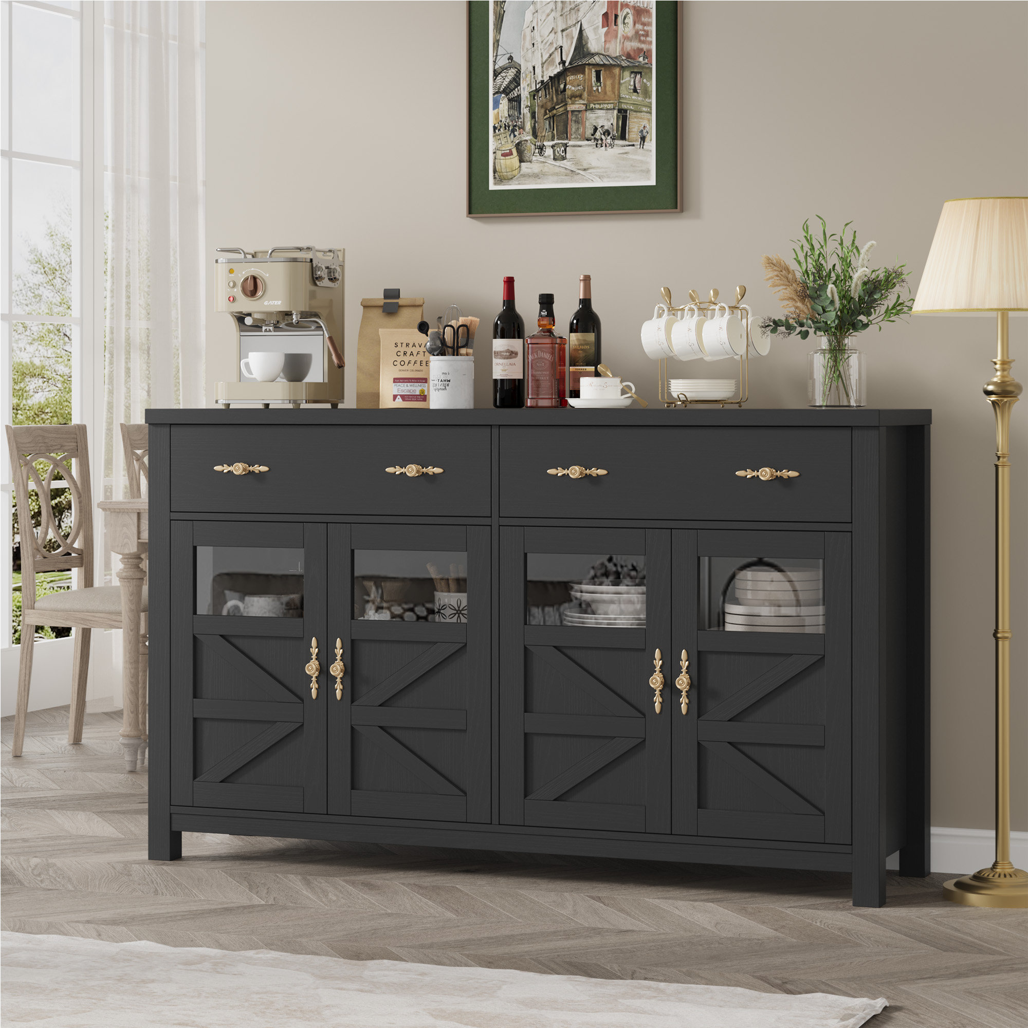 Laurel Foundry Modern Farmhouse Almus 55'' Sideboard with 4 Glass Doors ...
