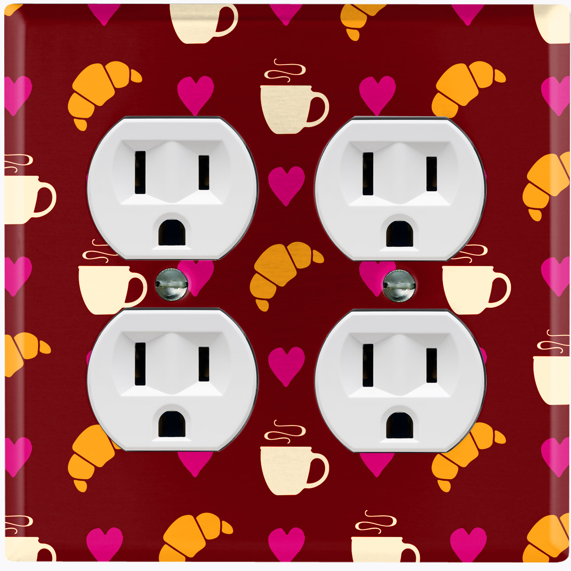 WorldAcc Coffee Cups Croissant Hearts Maroon 2 -Gang Duplex Outlet Wall ...