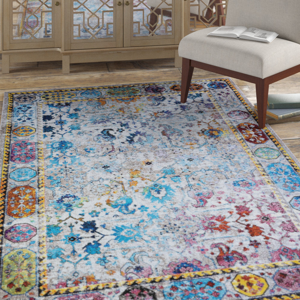 Bungalow Rose Douglus Oriental Blue/Yellow Area Rug | Wayfair