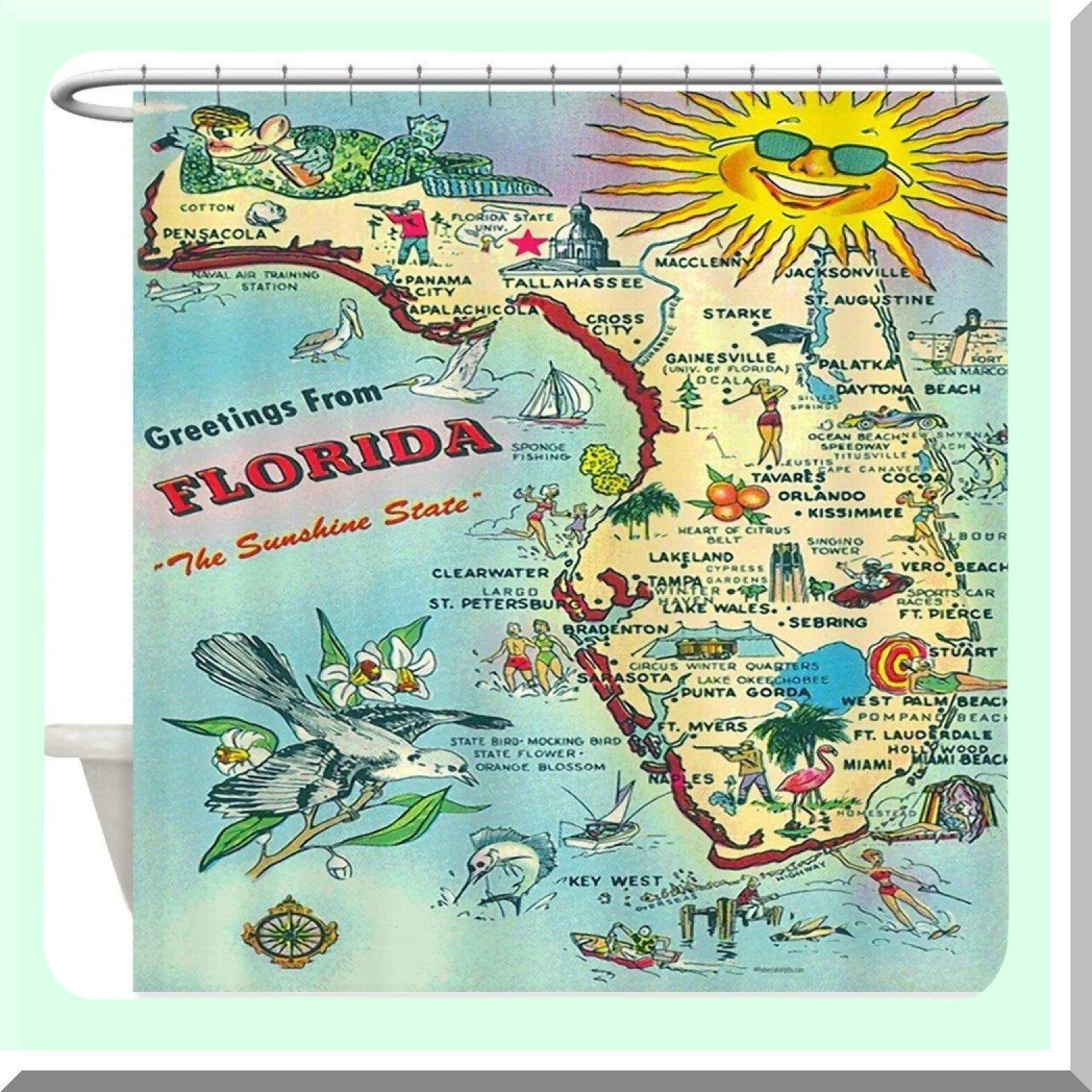 Dovecove Vintage Florida Map Waterproof Shower Curtain - Decorative ...
