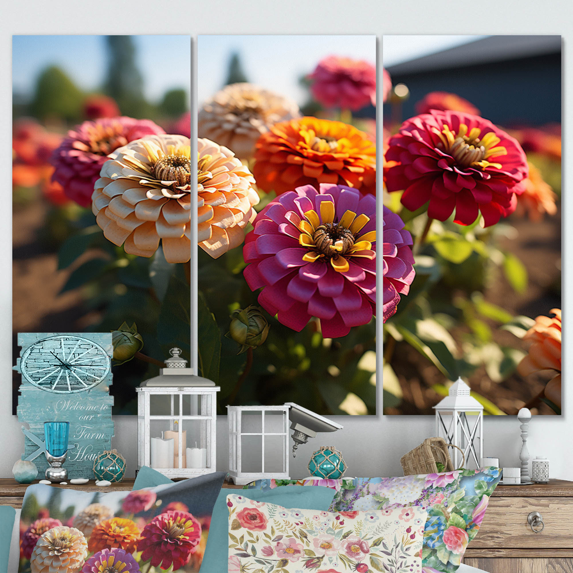 Ebern Designs Colorful Zinnias Field At Sunrise VII - Floral Metal Wall ...