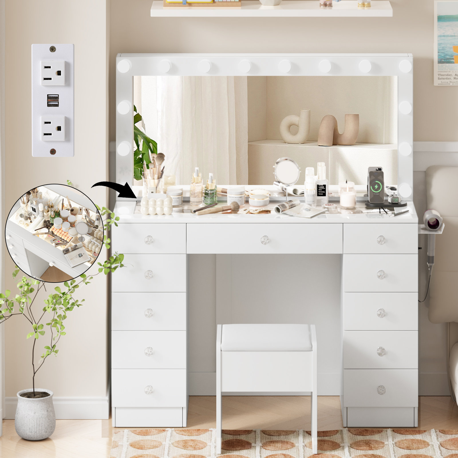 Latitude Run® Greyden Vanity Set with Glass Top, Makeup Vanity with ...