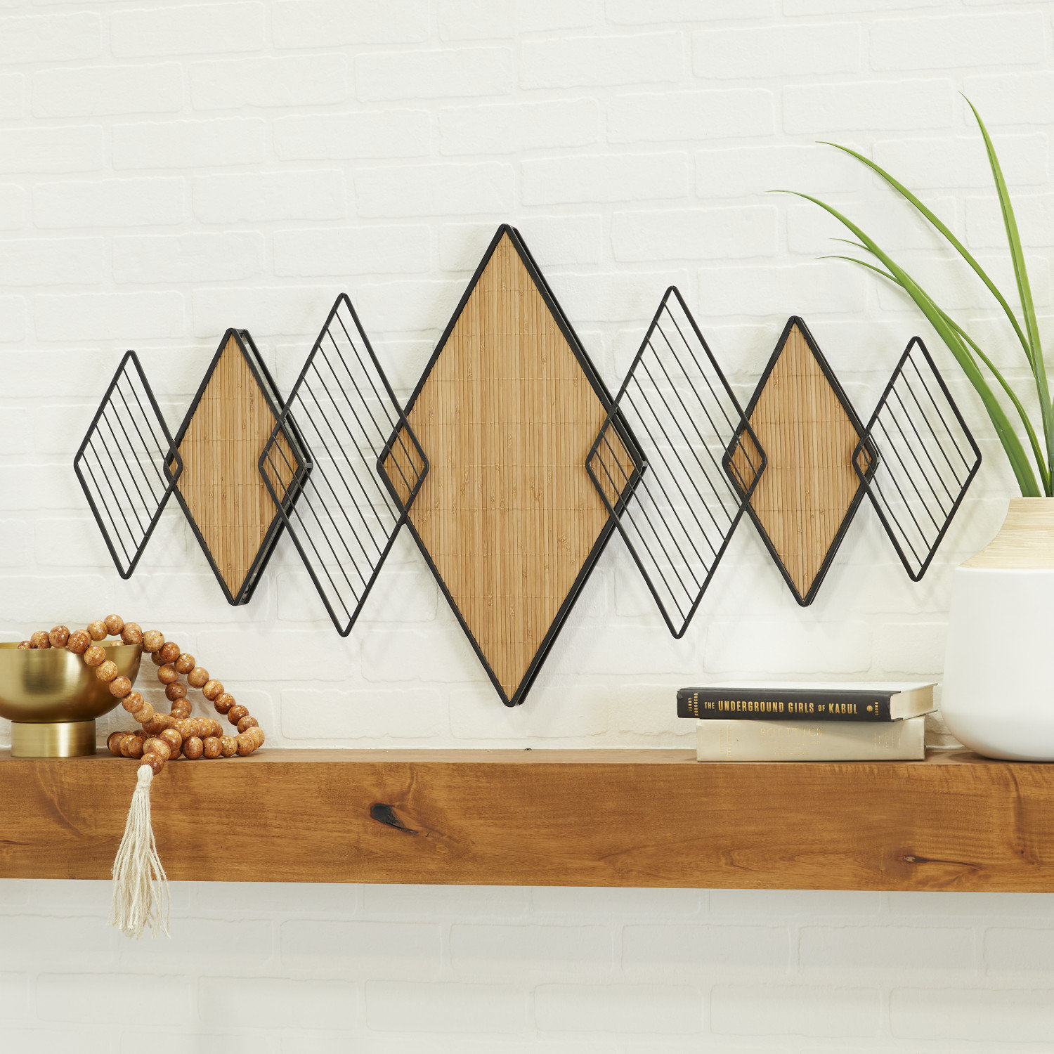 17 Stories Modern Bamboo Diamond Wall Decor with Metal Wire Brown | Wayfair