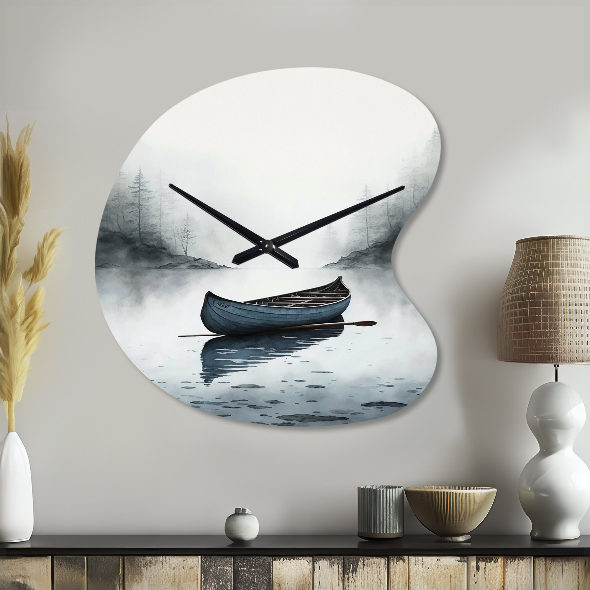 Design Art Canoe On The Lake I - Boat Asymmetrical Metal Clocks, Grey ...