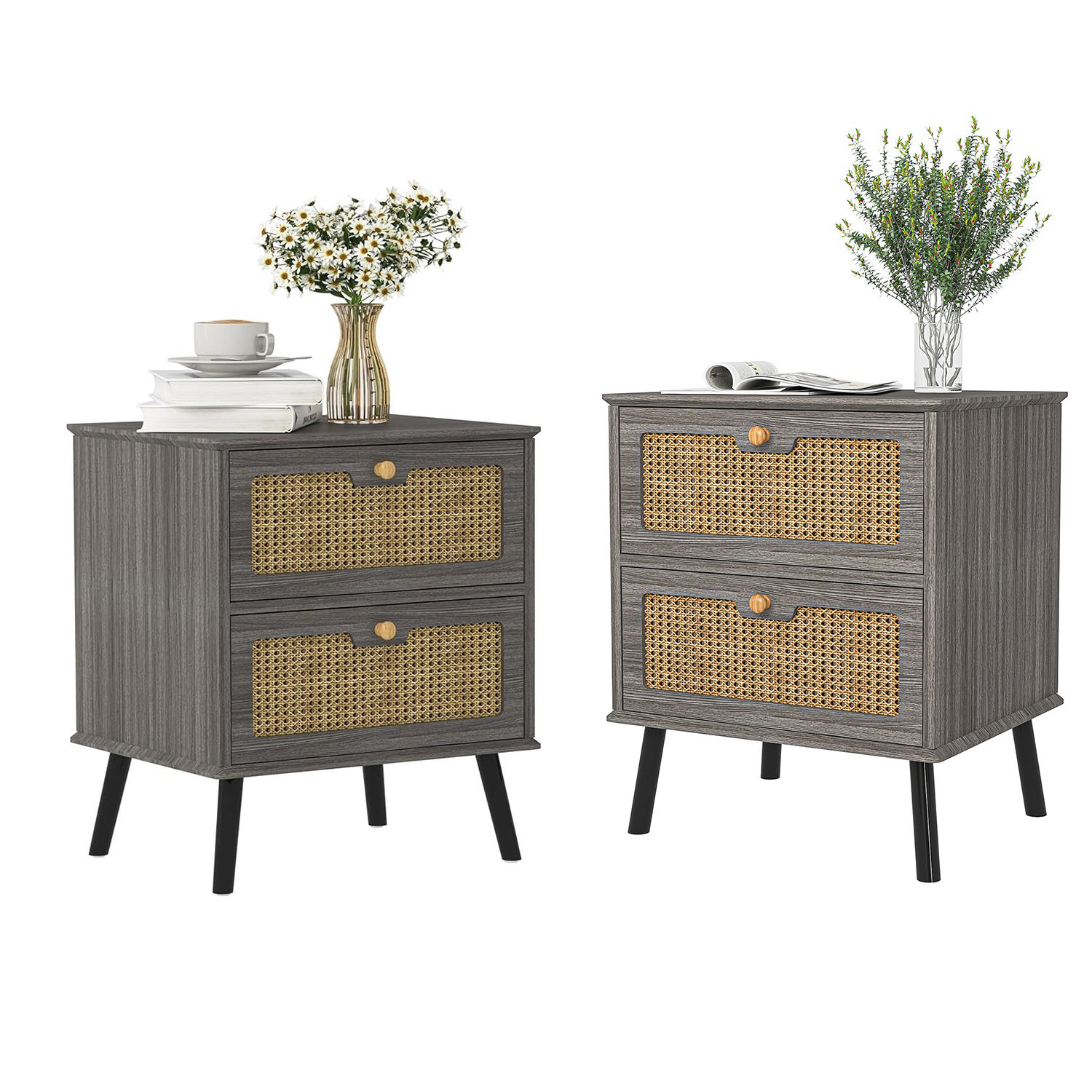 17 Stories Ellender Nightstands Bed Side Tables with Rattan Drawer ...