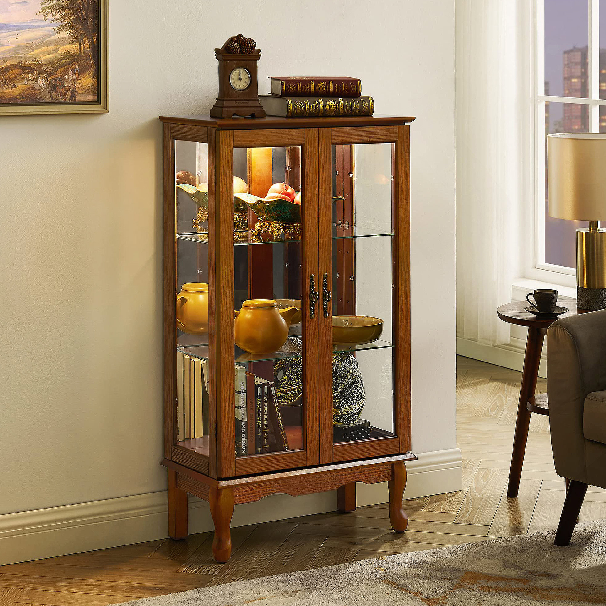 Latitude Run® Lighted Curio Display Cabinet with Adjustable Shelves and ...