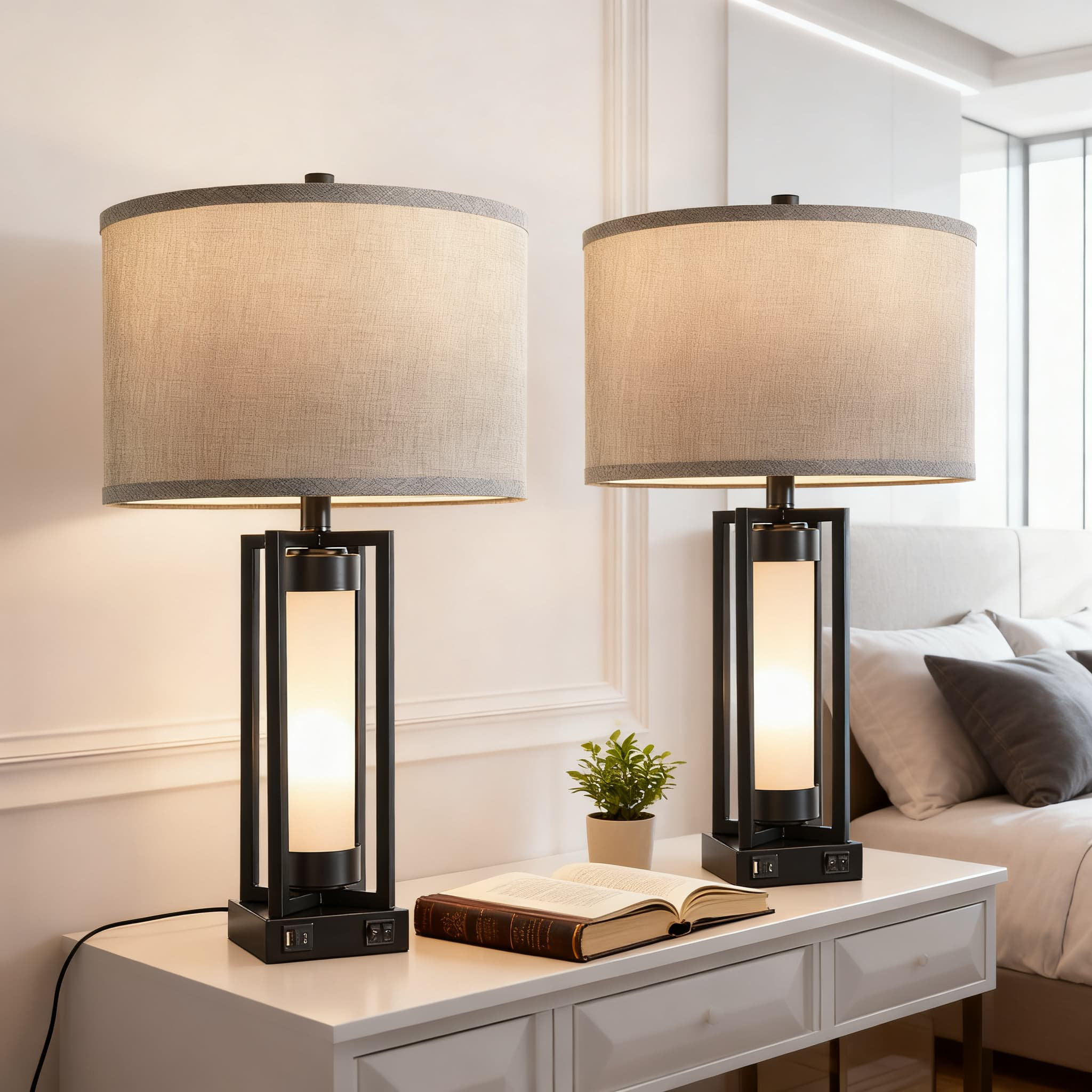 Latitude Run® Set Of 2 Modern Table Lamps With Usb C And A Charging ...