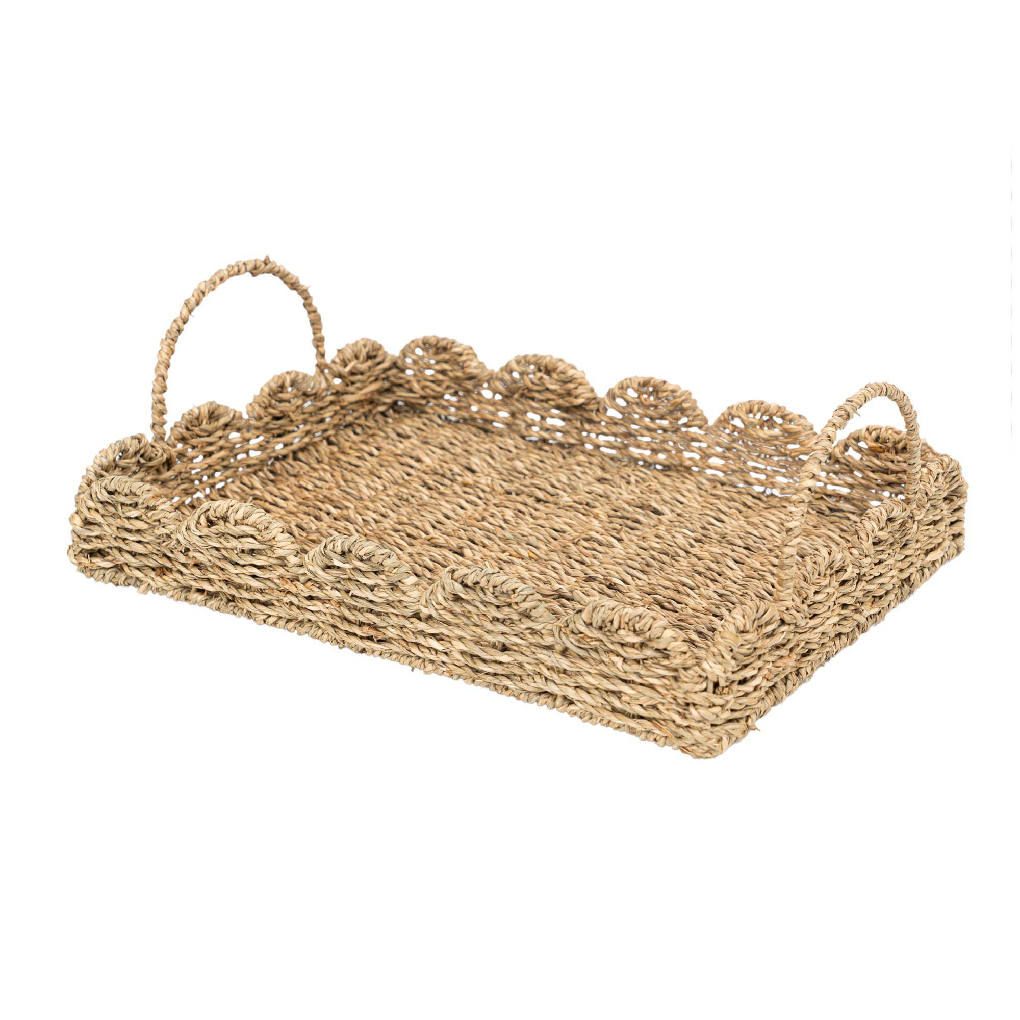 August Grove® 14" Handmade Scalloped Tray Decor, Wicker Seagrass Tray ...