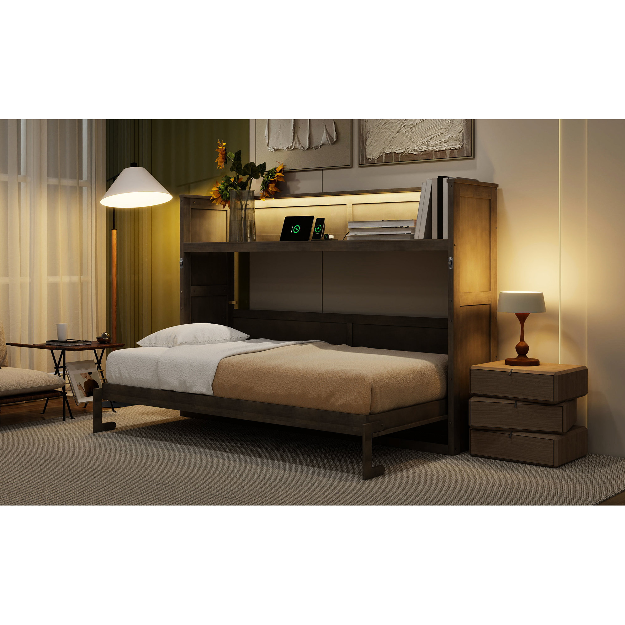 Latitude Run® Twin Xl Bed With Desk, Charging Station, Gray Wash ...