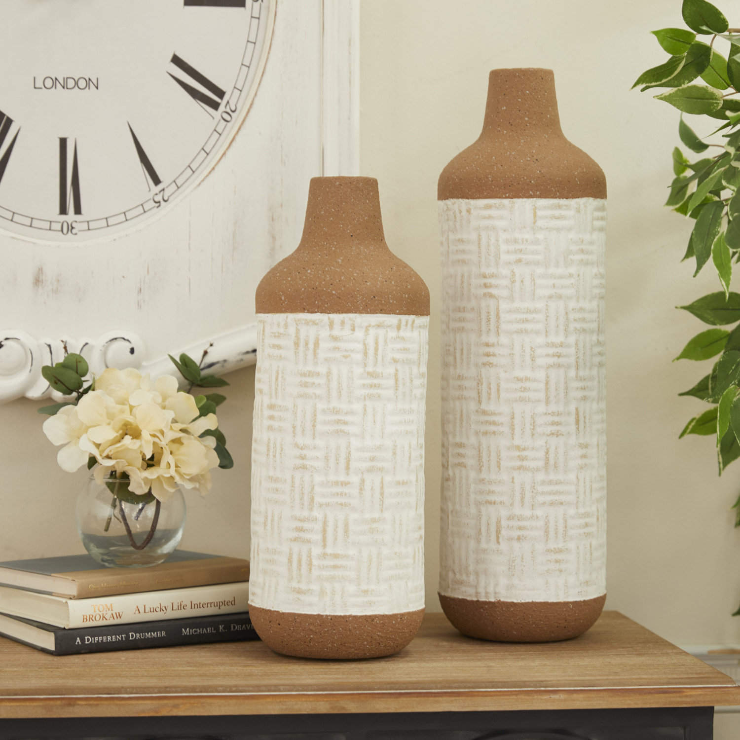 Corrigan Studio® 2 Piece Nazifa White/Brown Wood Table Vase Set | Wayfair