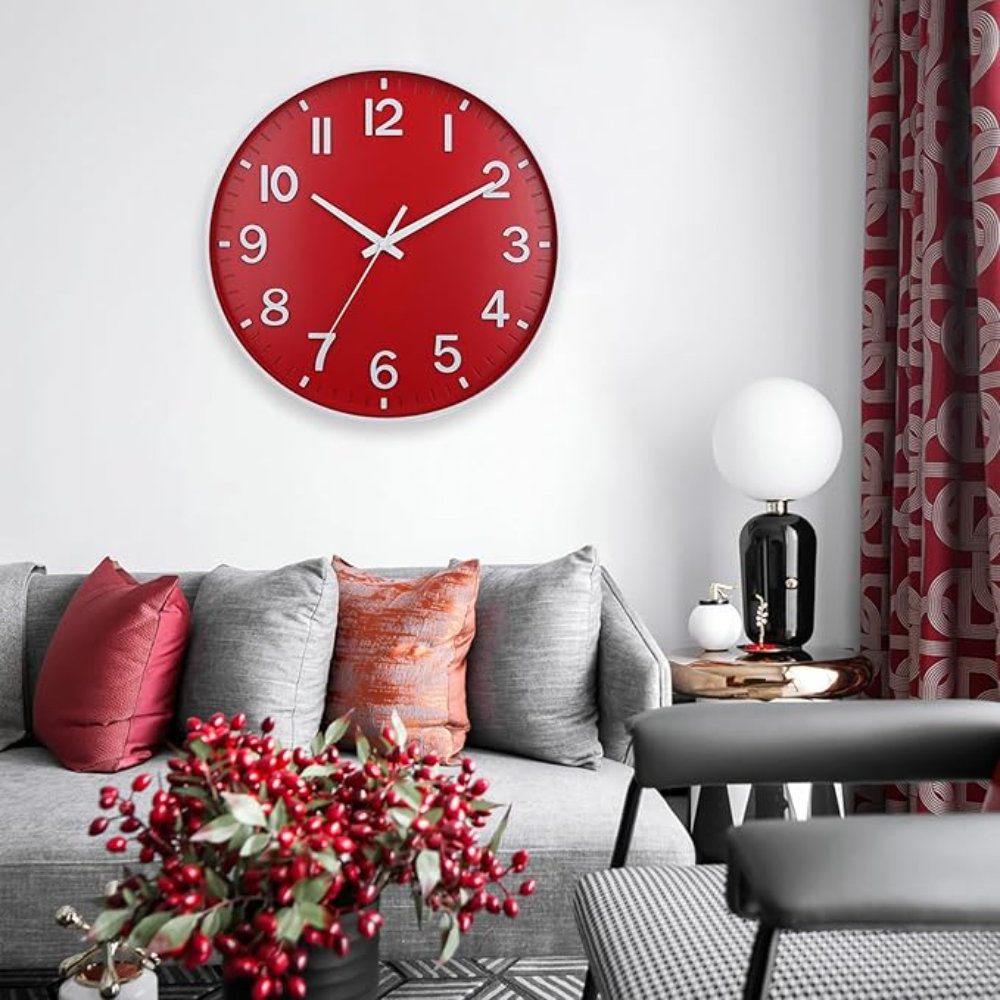 Latitude Run® HZDHCLH Red Wall Clocks Battery Operated,12 Inch Silent Non Ticking Modern ...