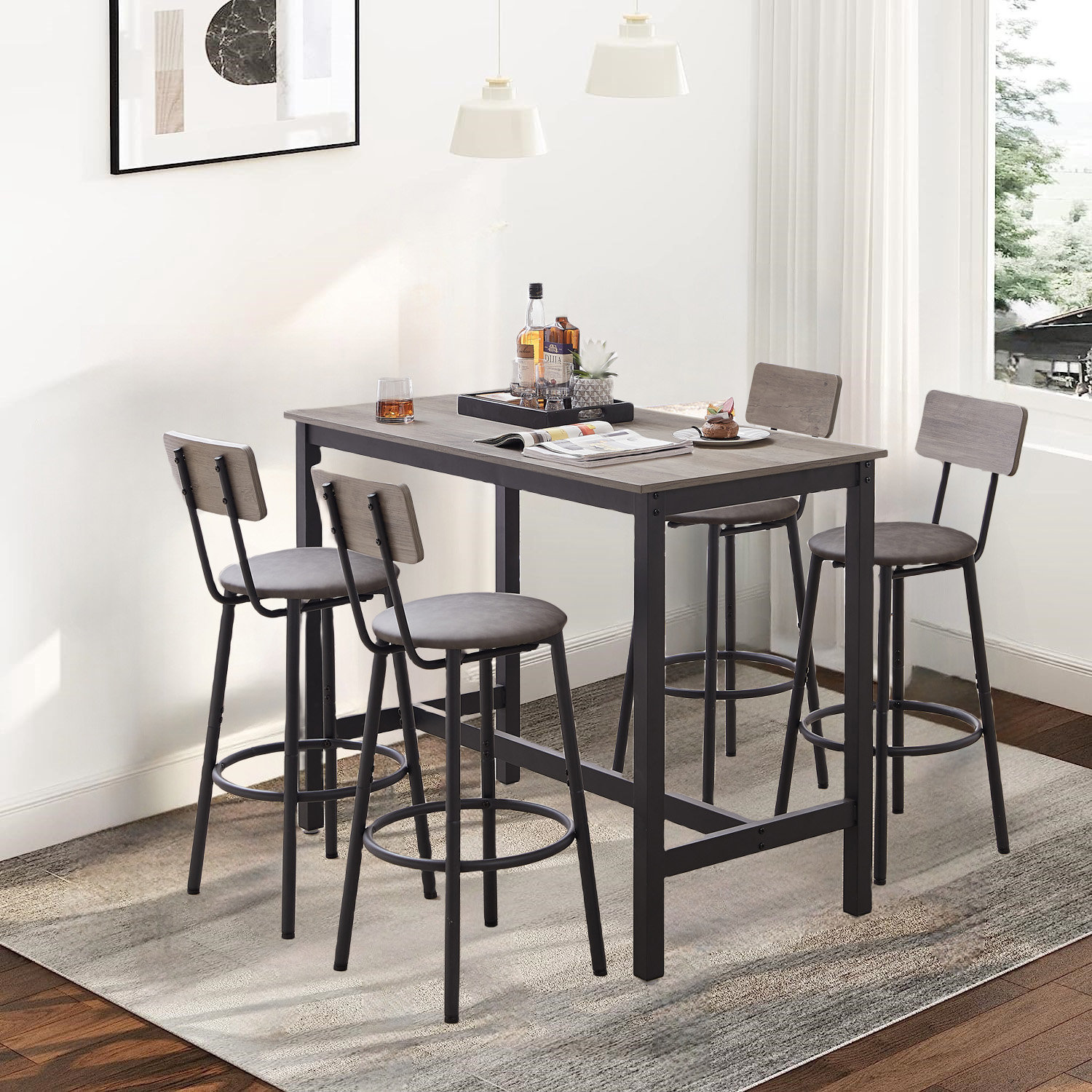 17 Stories Bar Table Set With 4 Bar Stools PU Soft Seat With Backrest ...