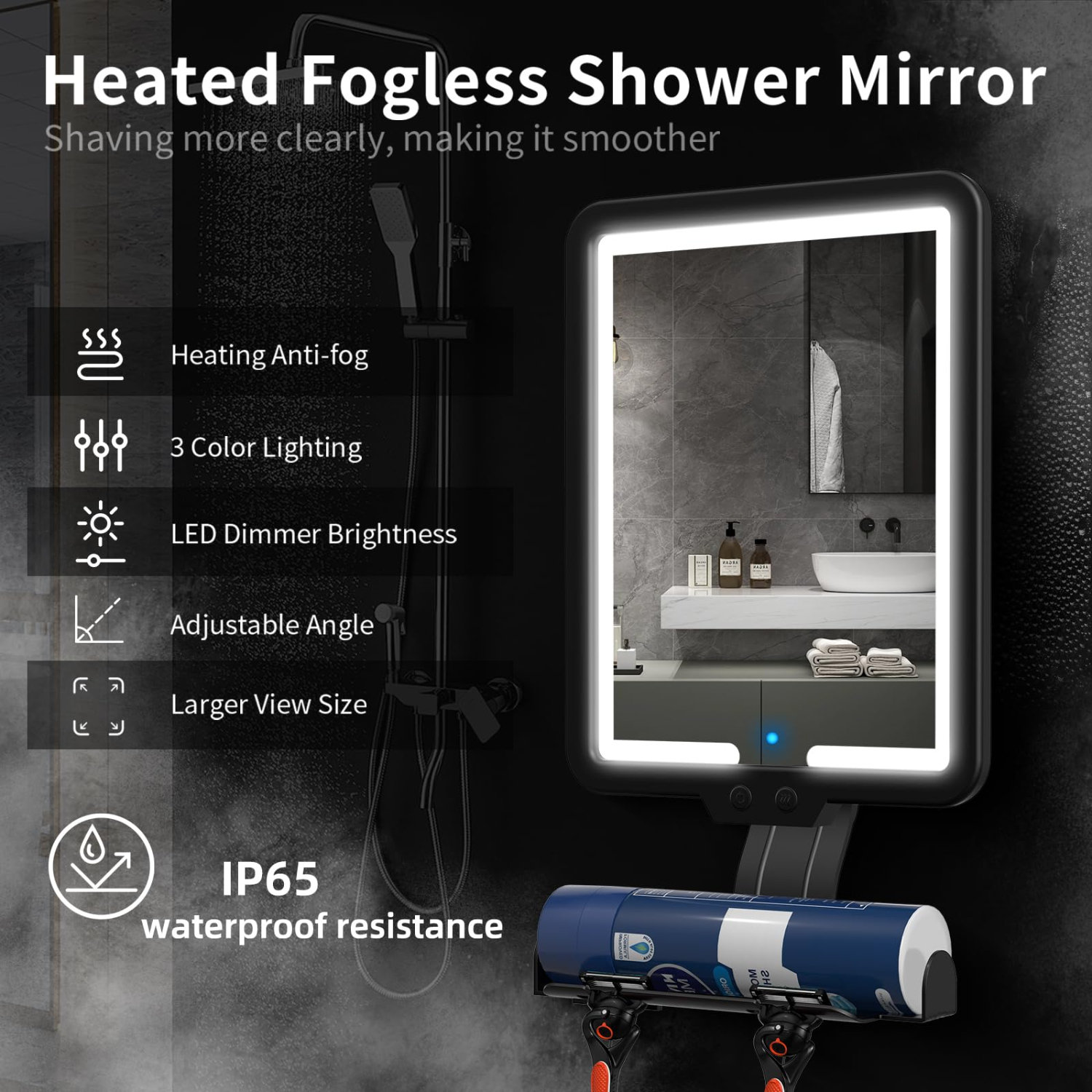Ivy Bronx Heated Shower Mirror Fogless for Shaving,Lighted Shower ...
