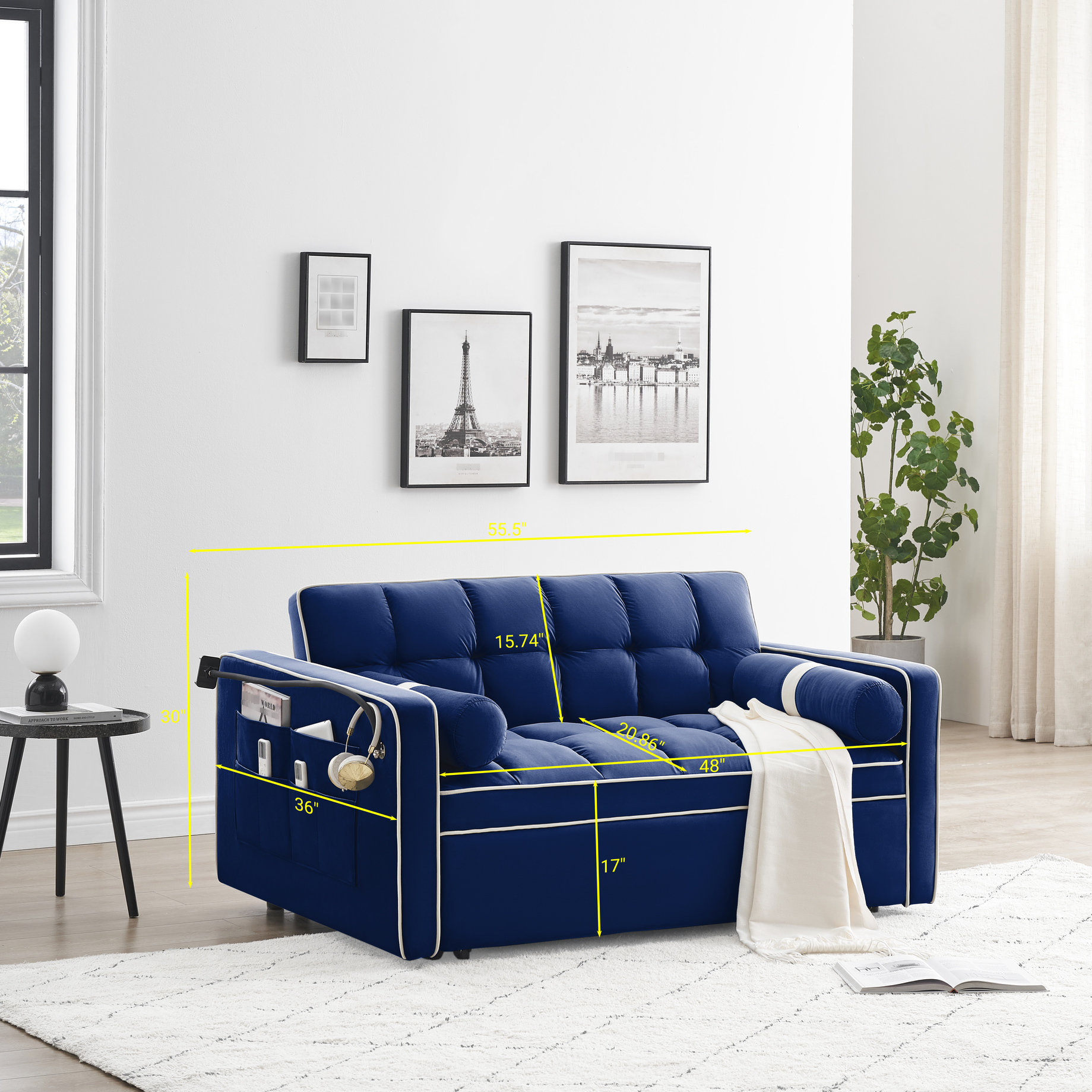 Mercer41 Small Space Sleeper In Blue Velvet, Pull Out Bed Design, 3 ...