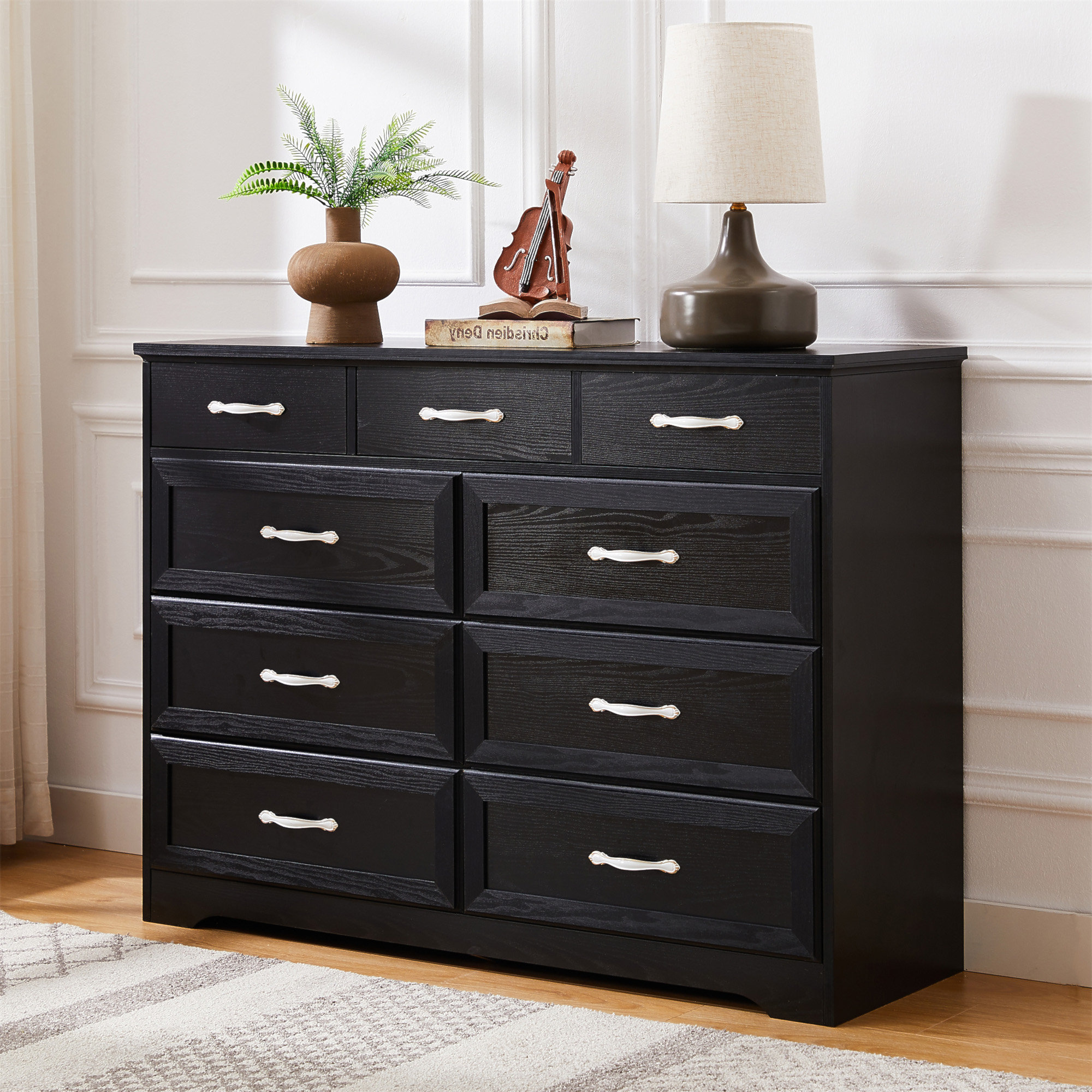 STYLISH Bedroom Dresser, 9 Drawer Long Dresser With Antique Handles ...