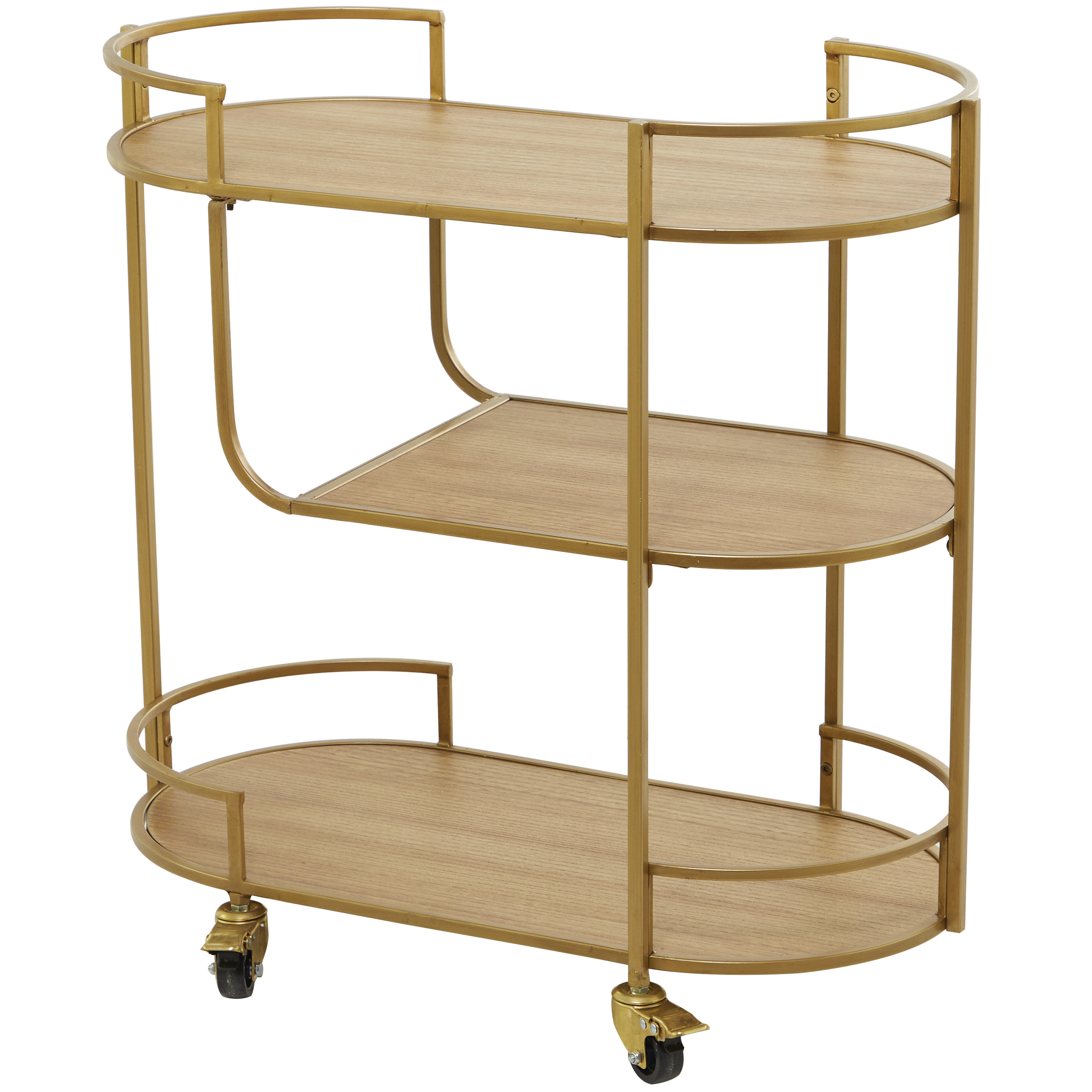 George Oliver Rotimi Wood Rolling 3 Shelves Gold Bar Cart with Handles ...