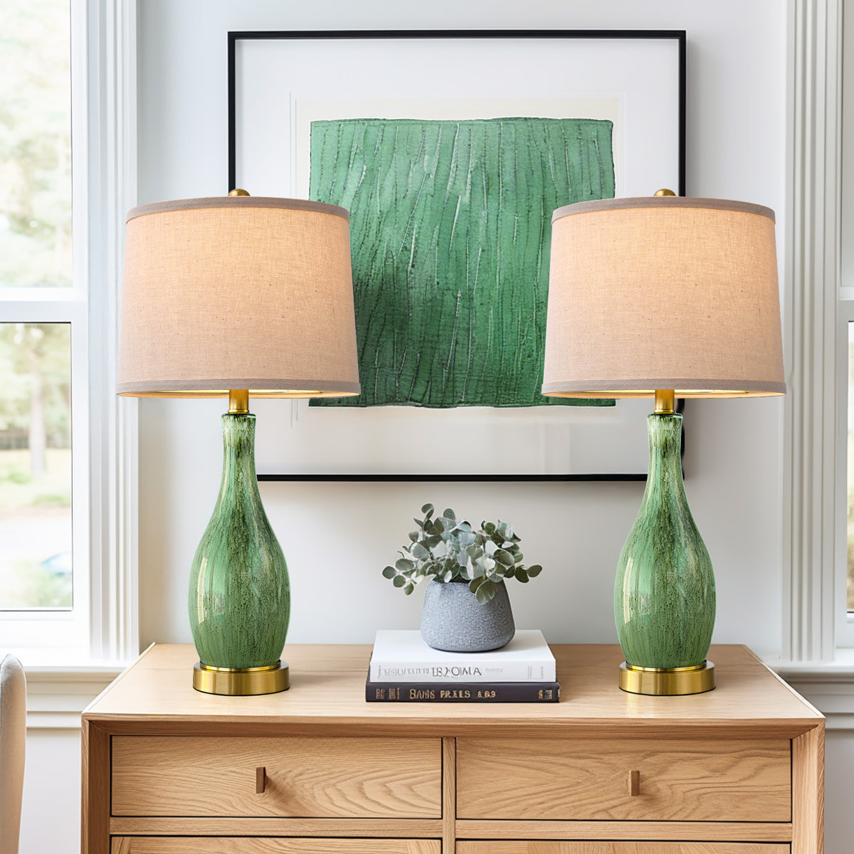 Mercer41 24.5"modern Table Lamp Set, Gradient Green Art Glass Bedside ...