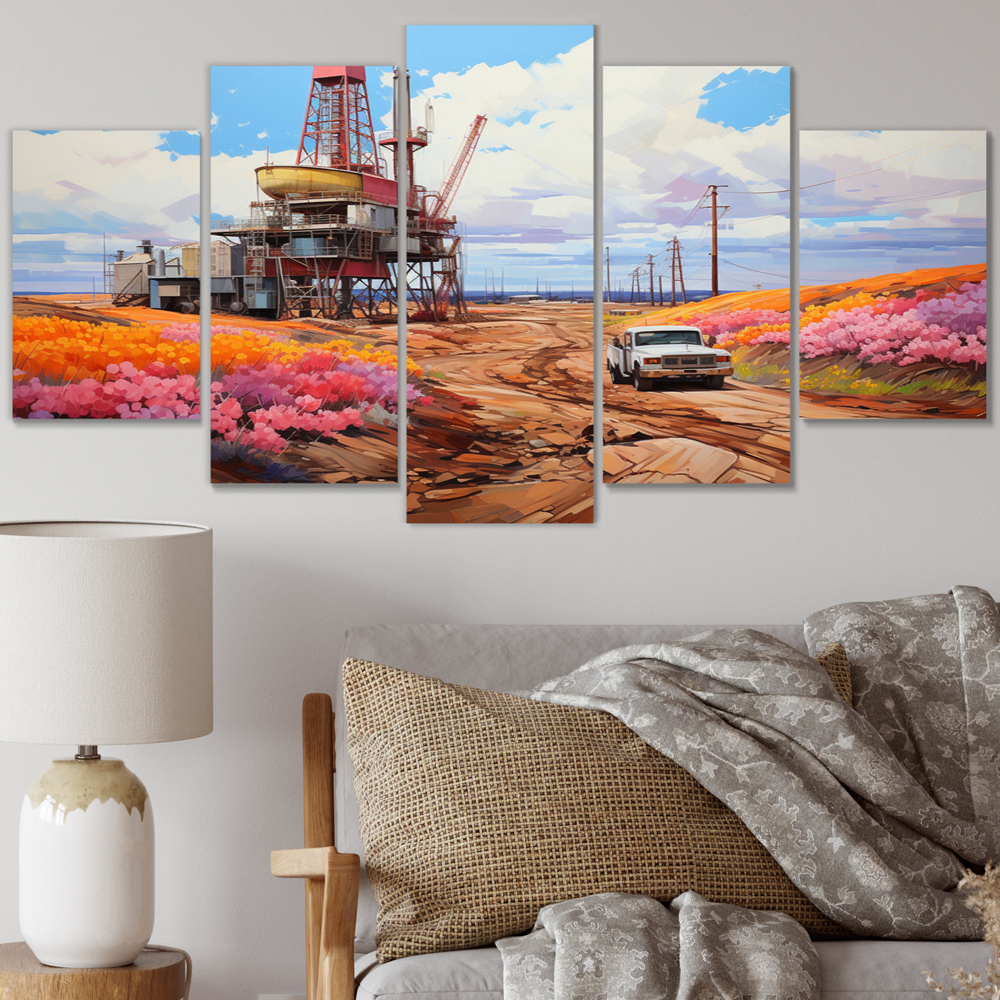 Lark Manor™ 'Pink Oil Rigs Resonance - Oil Rigs / Fields Canvas Wall ...