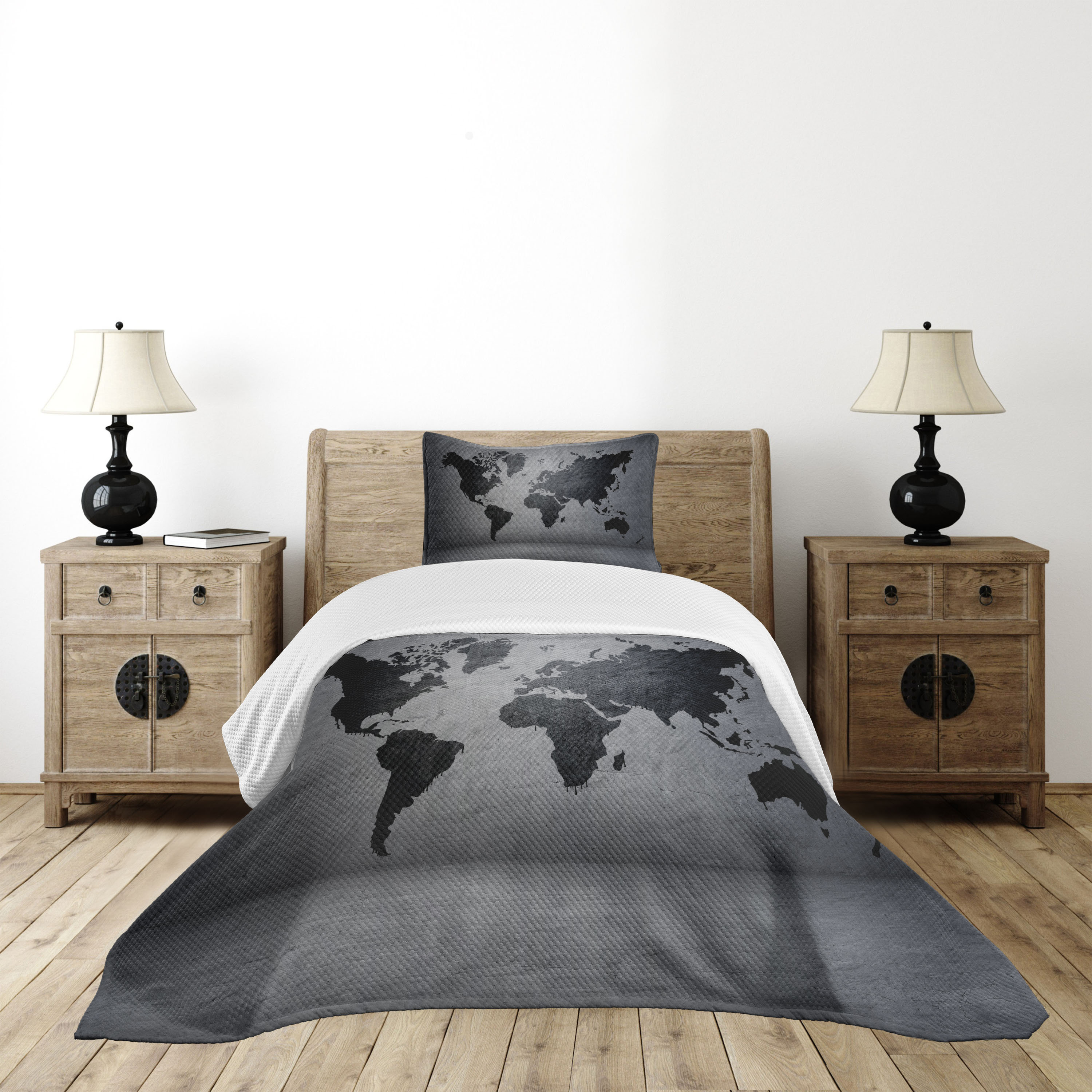 Ambesonne Dark Grey Bedspread Set World Map on Wall Grey Black | Wayfair