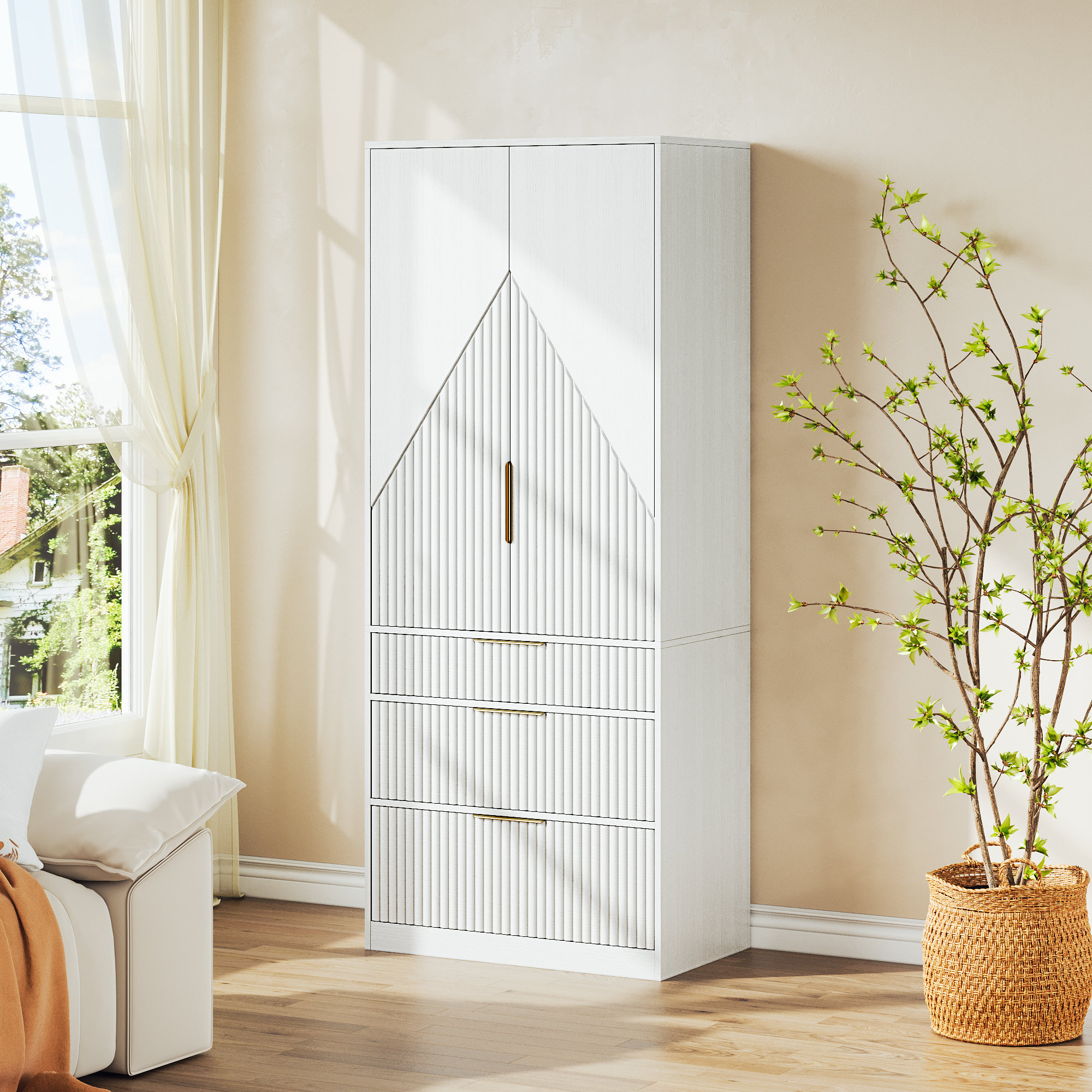 Ebern Designs Armoire Wardrobe Closet With 2 Wave Doors & 3 Drawers ...