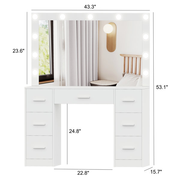 Hokku Designs Makada Vanity Table with Large Lighted Mirror, Makeup ...