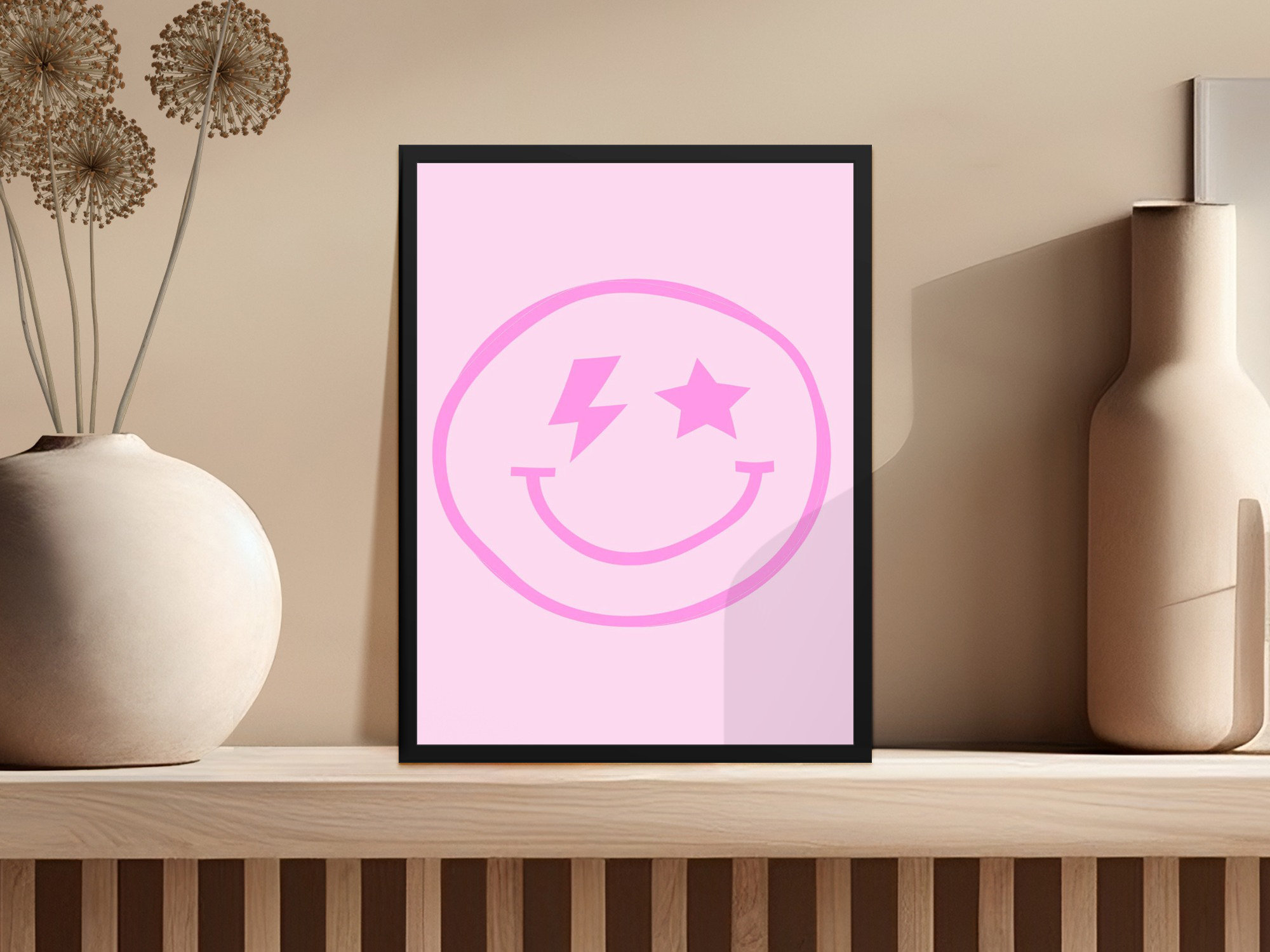 Lark Manor Pink Smiley Face Star Power Illustration Art Framed Poster ...
