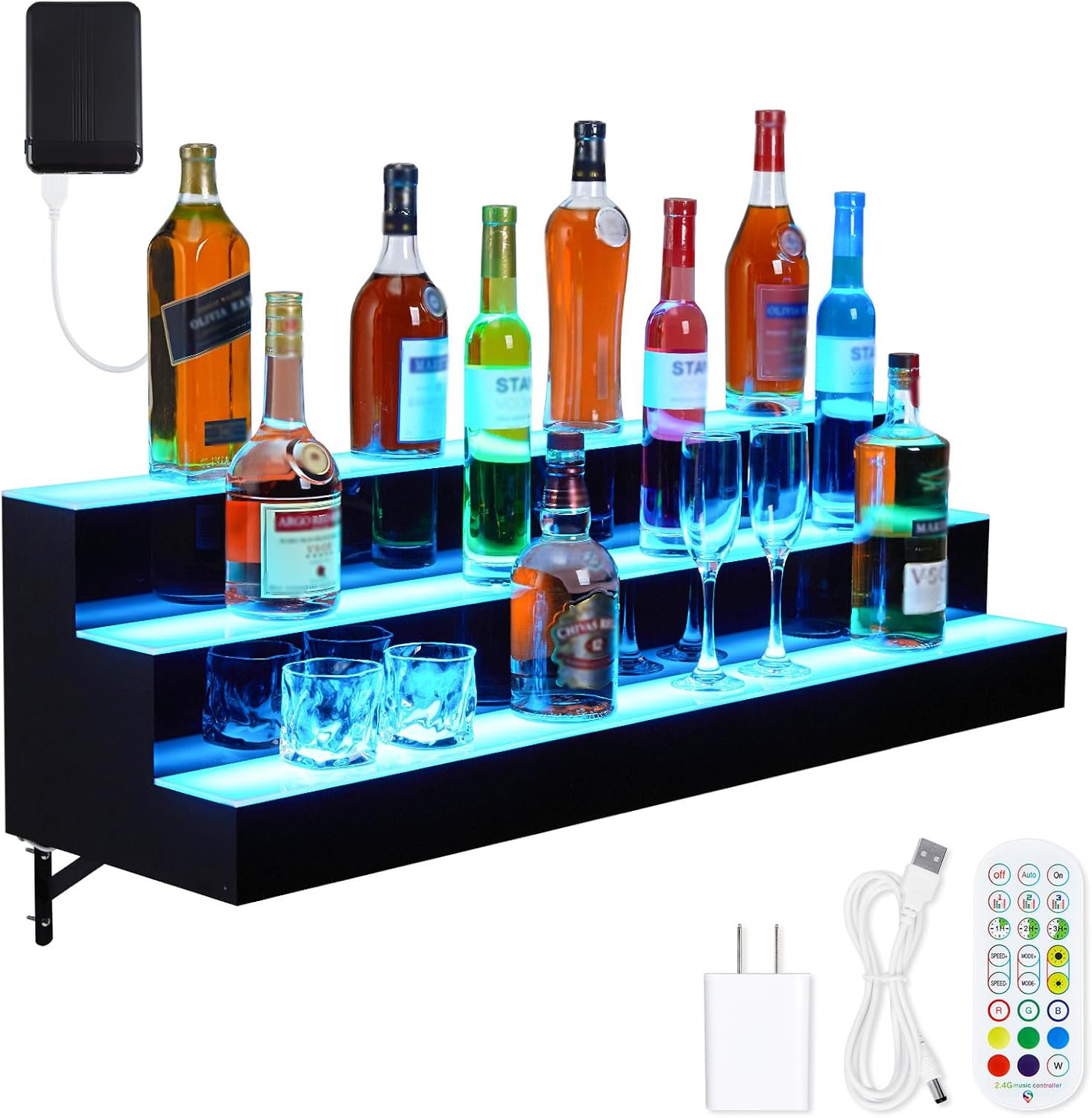 Ivy Bronx 30" 3-Tier LED Lighted Liquor Shelves, Commercial Bar Acrylic ...