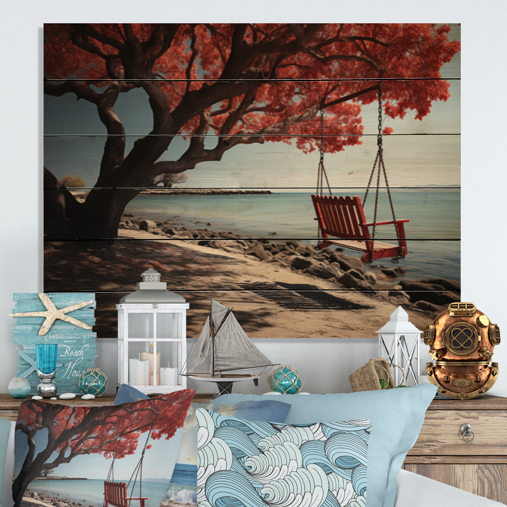 Red Barrel Studio® Coastal Seaside Swing I - Unframed Print on Wood ...