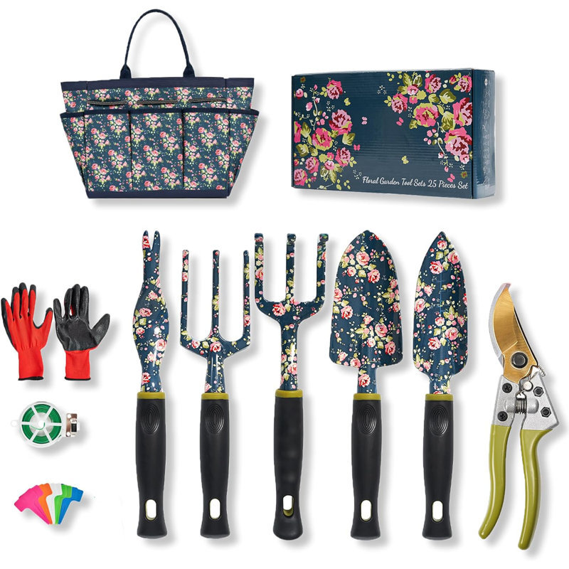 Arlmont & Co. Garden Tool Set, 25Pcs Heavy Duty Floral Garden Tools ...