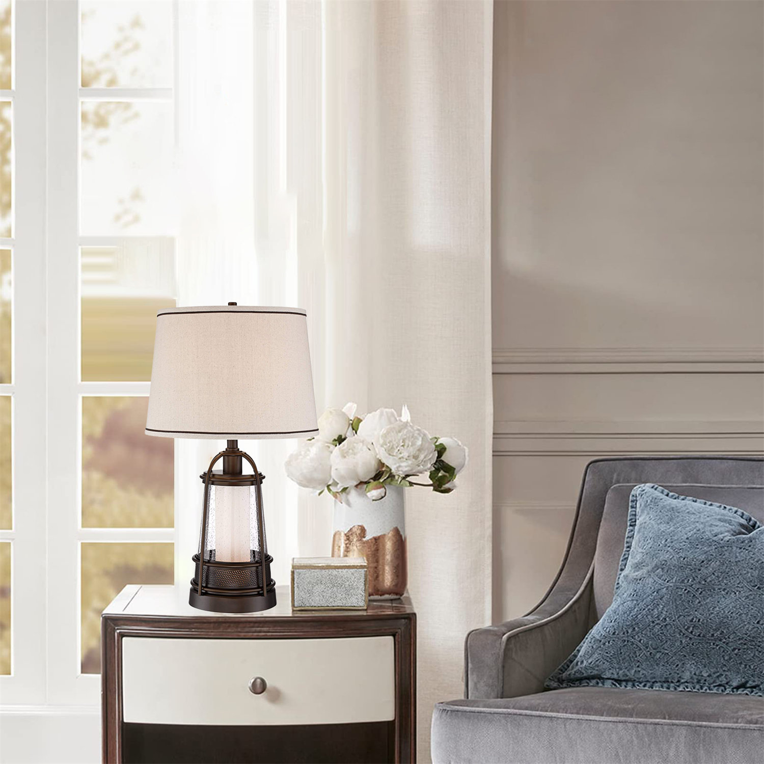 Longshore Tides Industrial Rural Style Desk Lamp With LED Night Light And Beige Drum Shaped ...