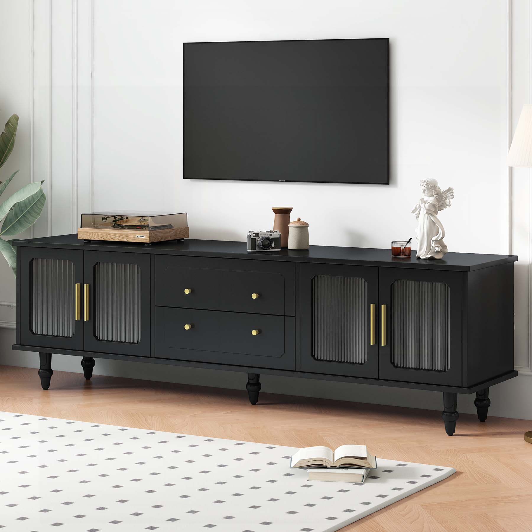 House of Hampton® Retro Style TV Stand with Fluted Glass Doors ...