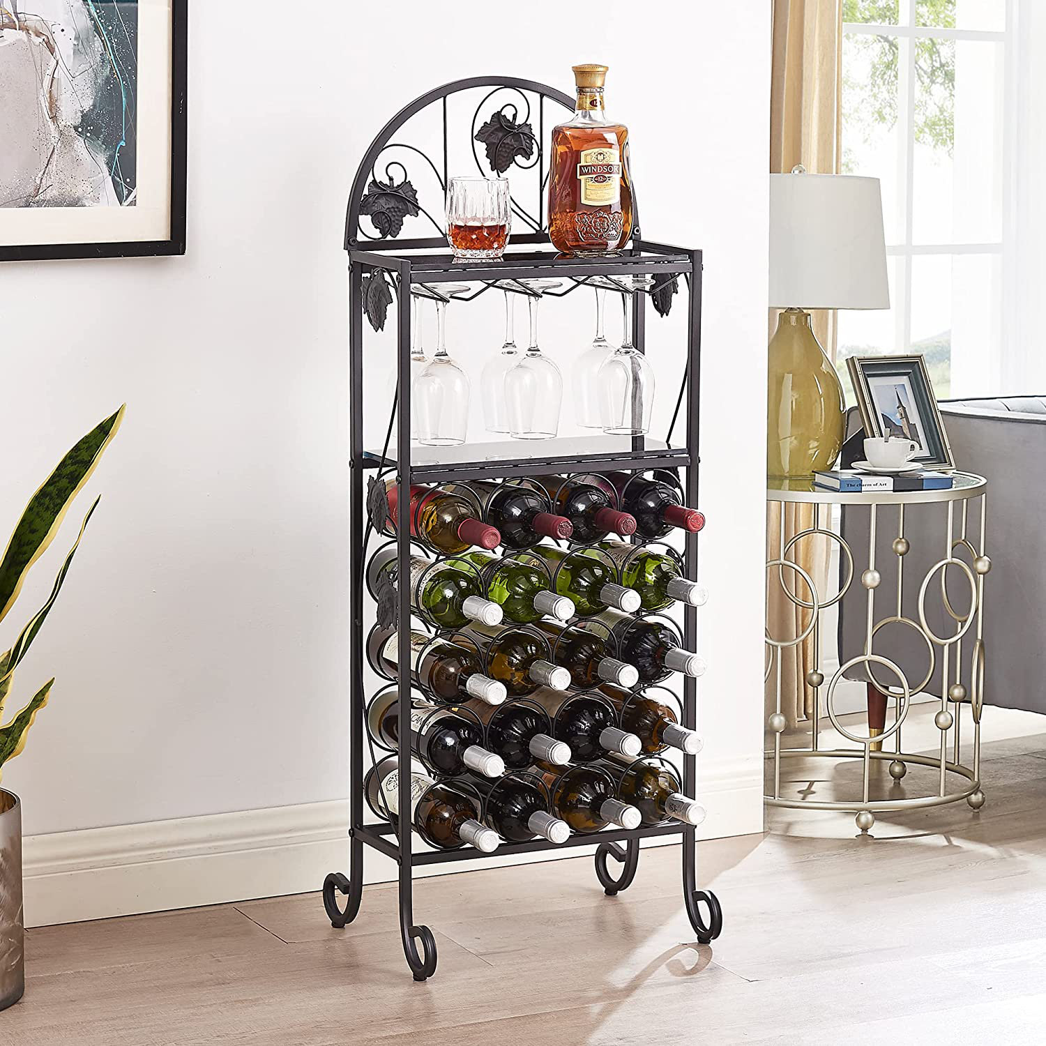 Red Barrel Studio 20 Bottle Floor Wine Bottle and Glass Rack in Black ...