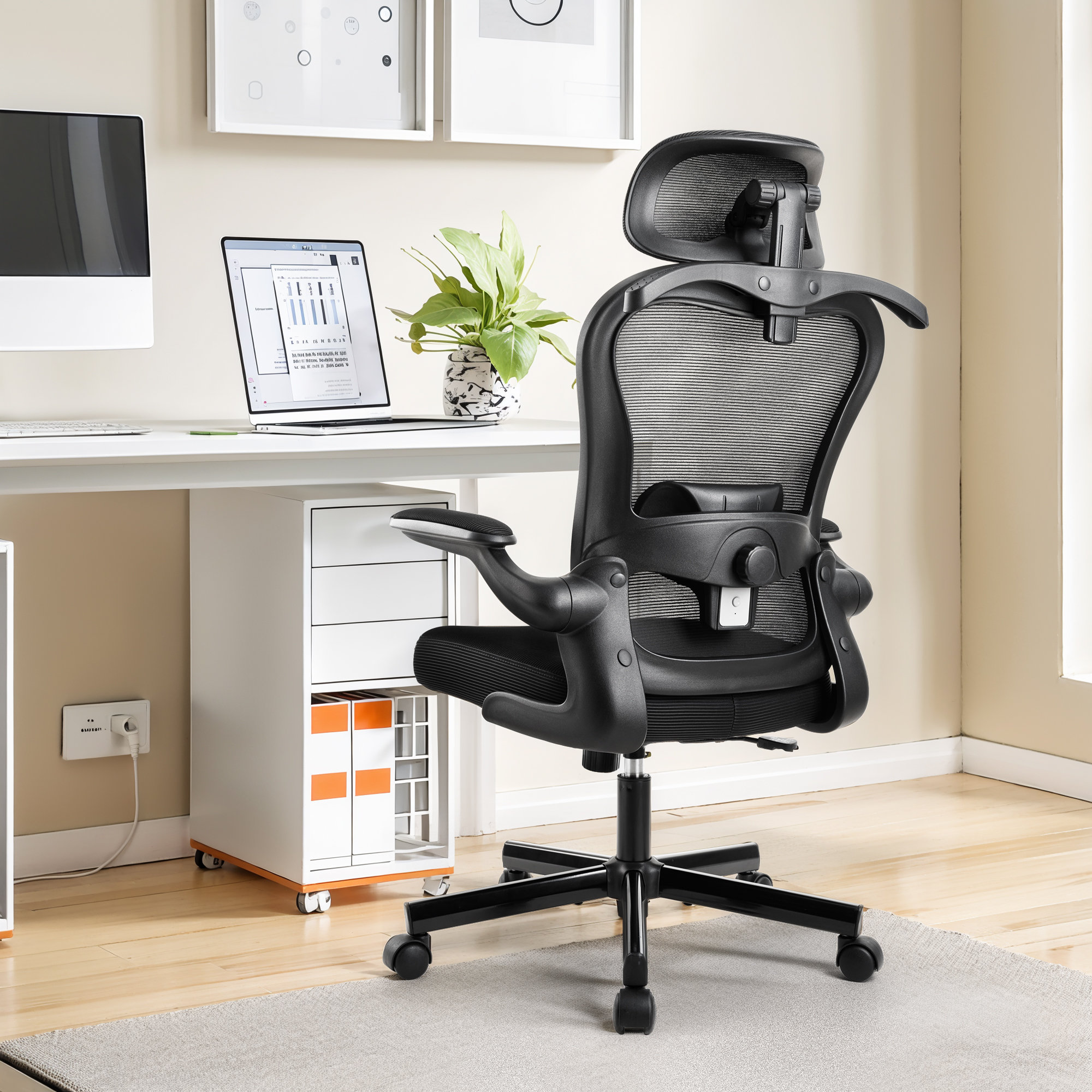 Inbox Zero Black Office Net Chair With Massager,Headrest And Hanger ...