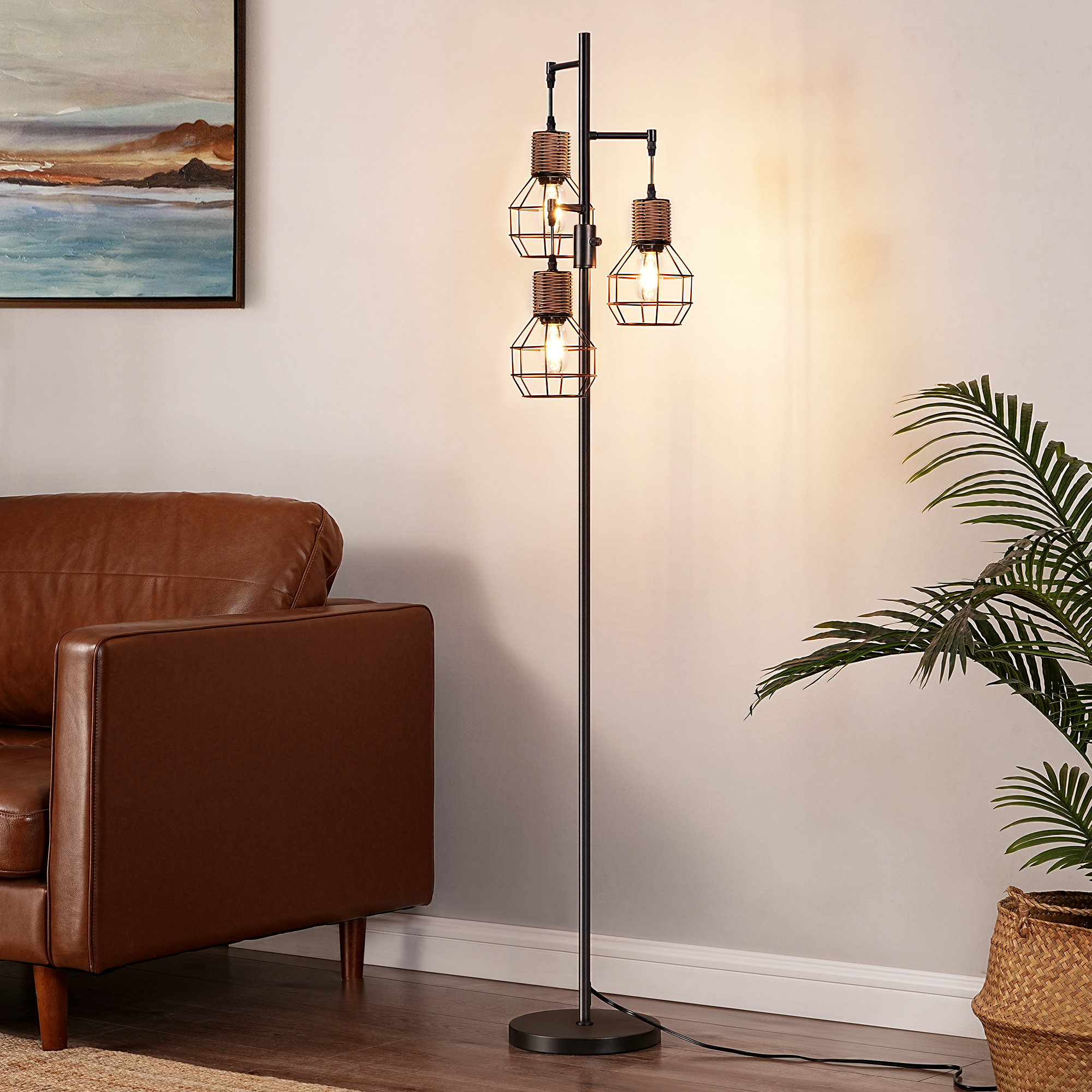 Bay Isle Home Lampe sur pied en rotin 65 po avec ampoules à intensité ...