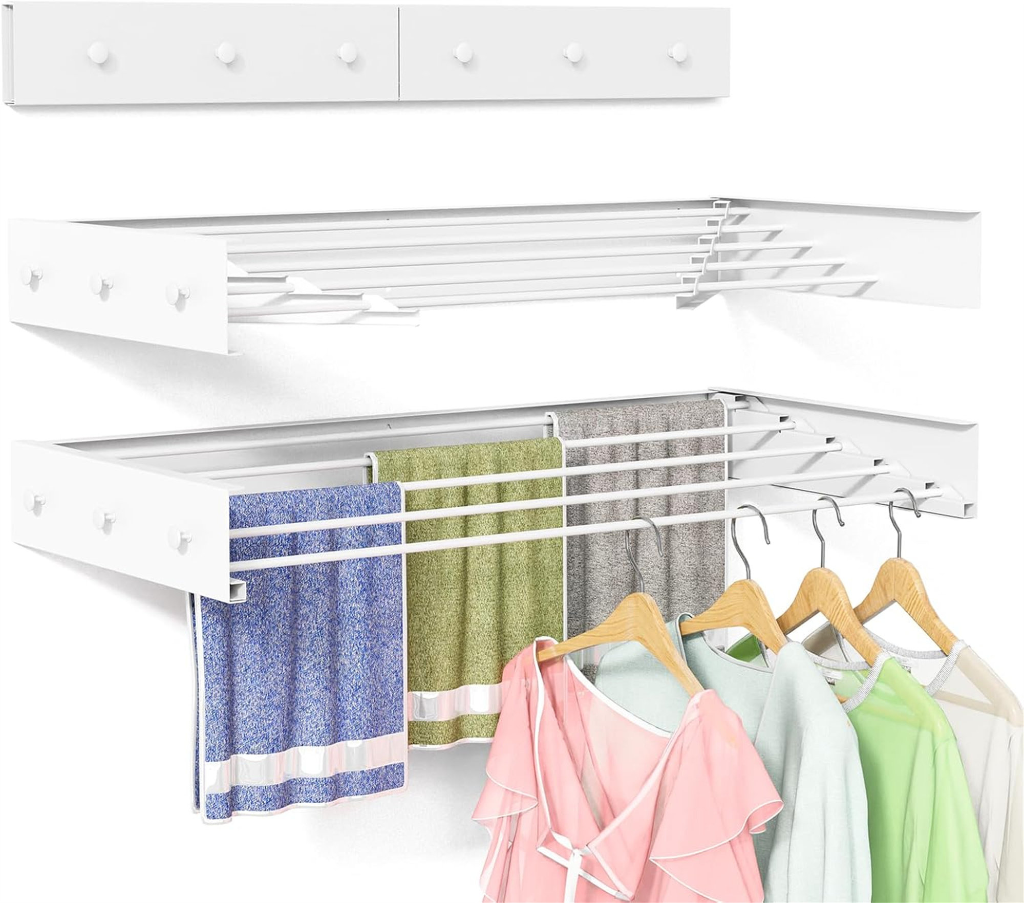 doitbest Wall Mounted Drying Rack - 5 Aluminum Rods With 6 Hooks, 31.5 ...