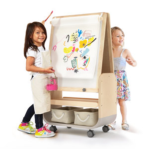 Benarita Wooden Kids Easel with Wheels and Storage, Double-Sided Boards ...