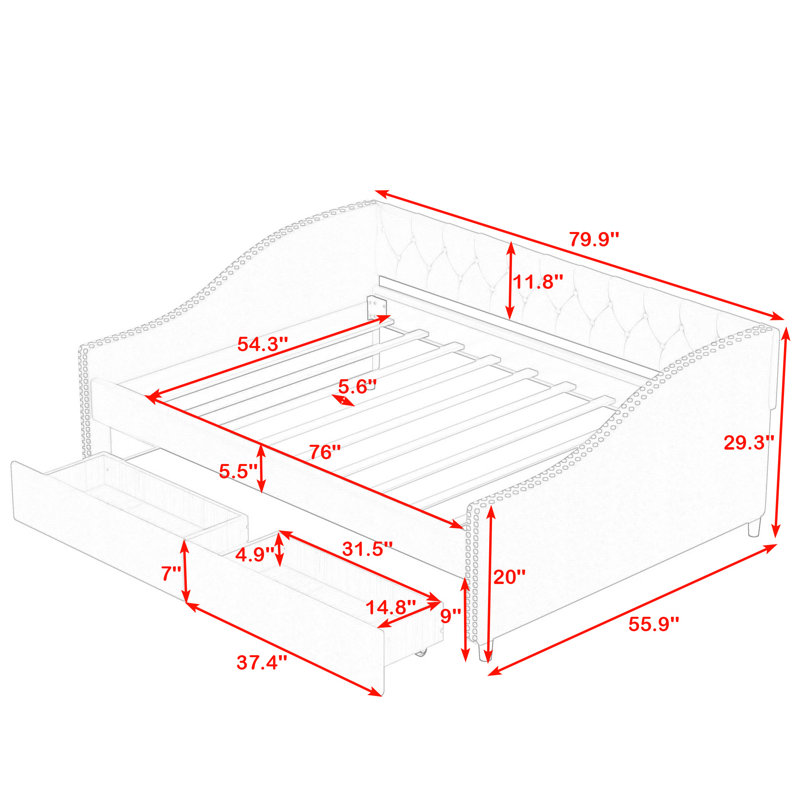 House of Hampton® Devyon Full Size 2 Drawers Upholstered Daybed with ...