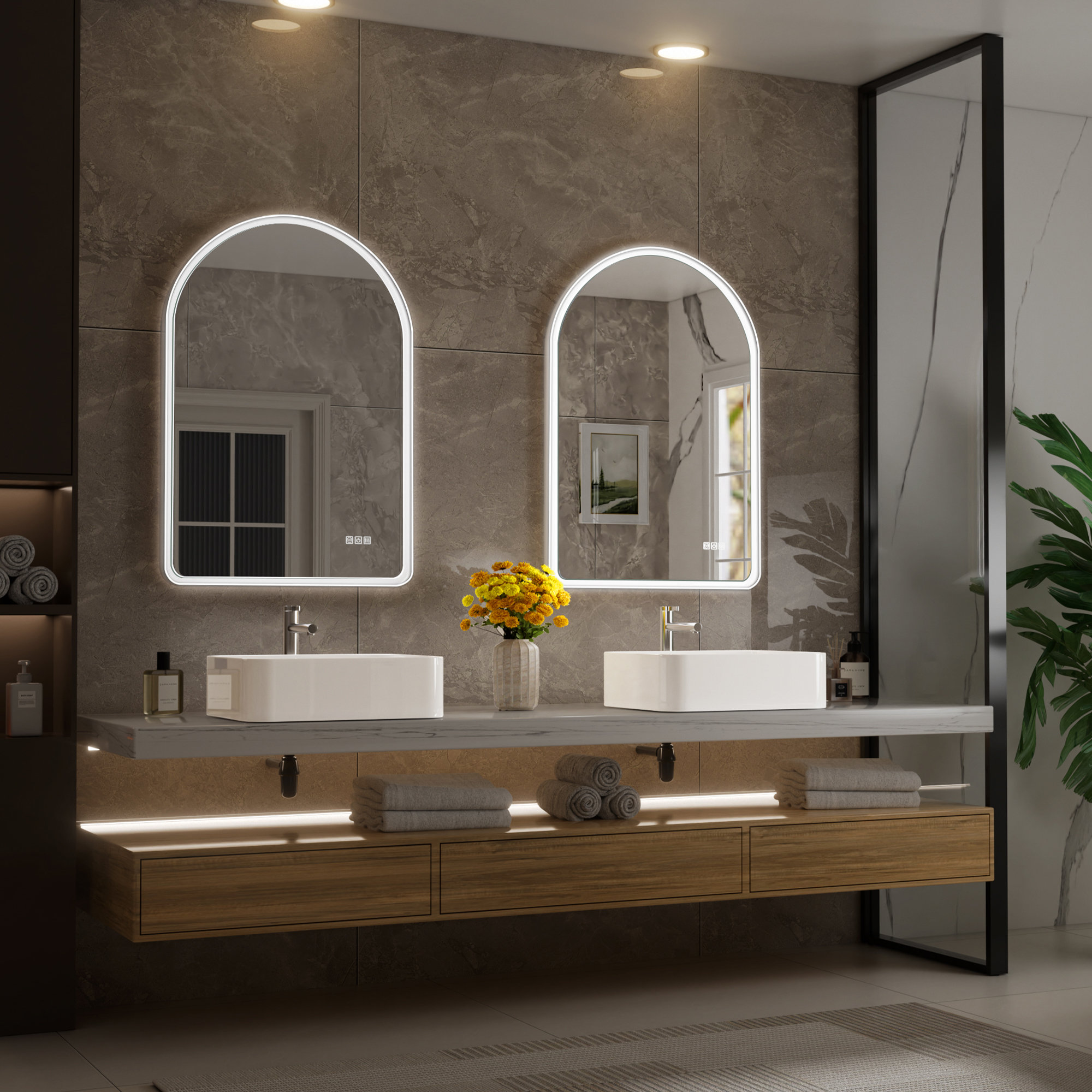 Latitude Run® Arch LED Wall Mirror With Defogger, White Floating ...