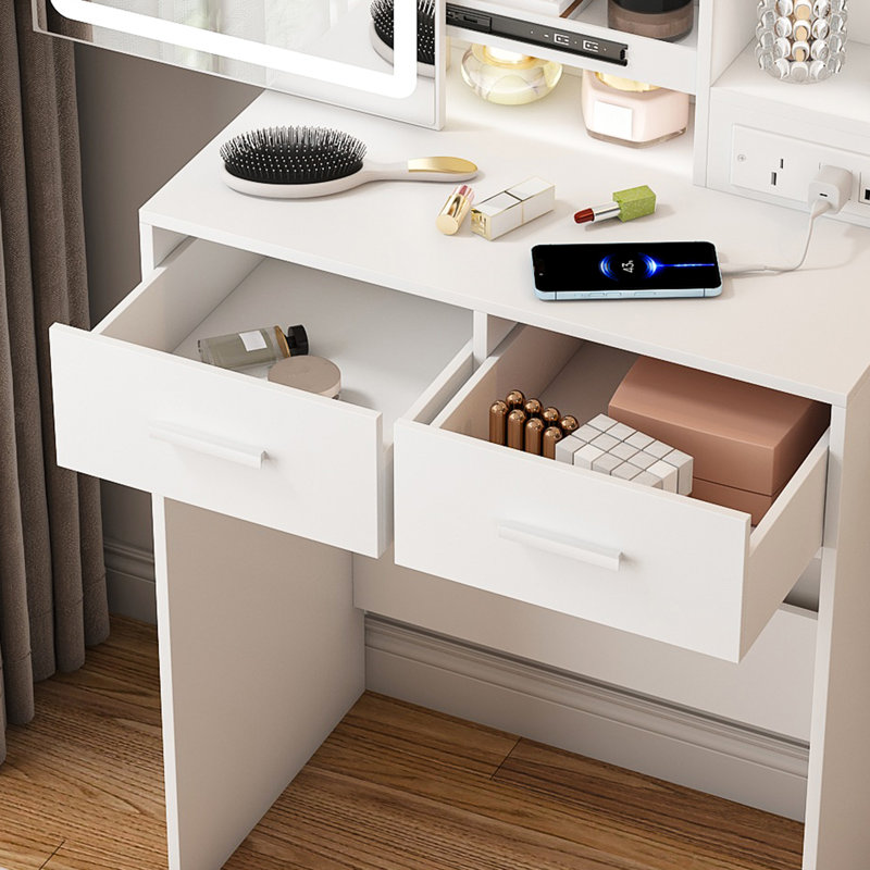 Ebern Designs Makeup Vanity Set with LED Mirror & Built-In Outlets ...