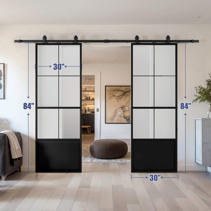DoorFusion Metal and Glass Double Barn Doors with Hardware Kit (Soft ...