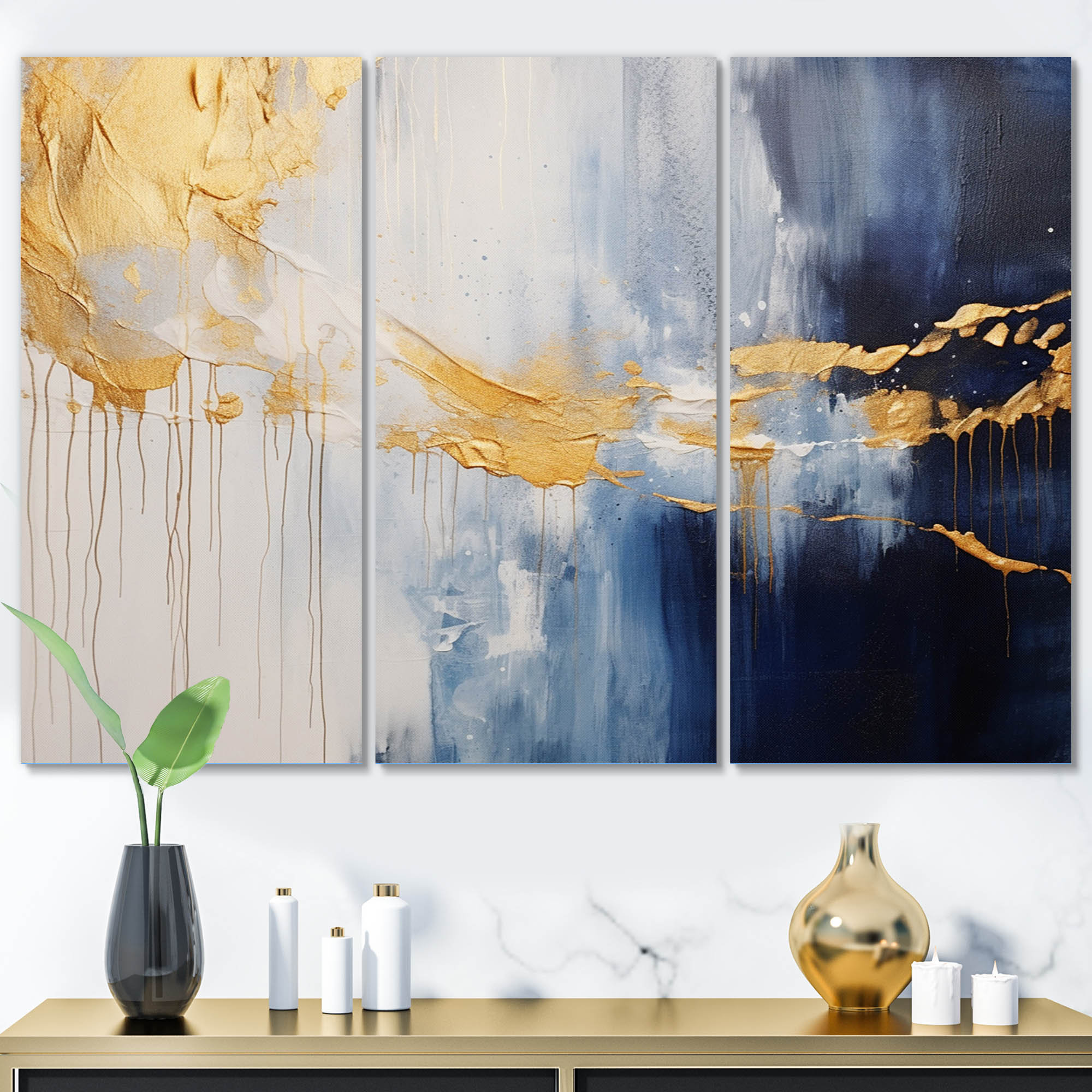 Mercer41 Waves Of Joy Minimal Nova Blue And Gold III On Canvas 3 Pieces ...